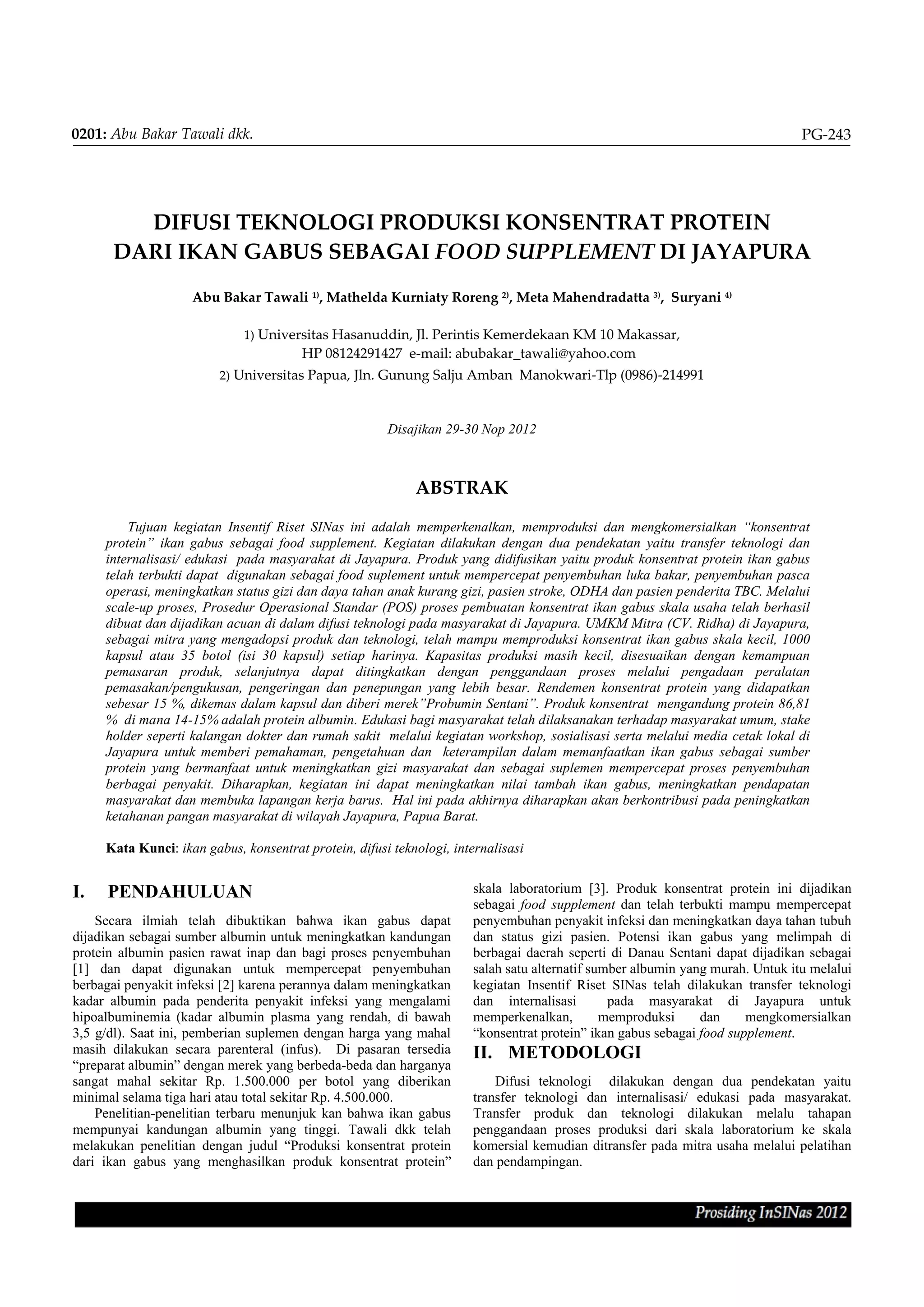 DIFUSI TEKNOLOGI PRODUKSI KONSENTRAT PROTEIN DARI IKAN GABUS | PDF