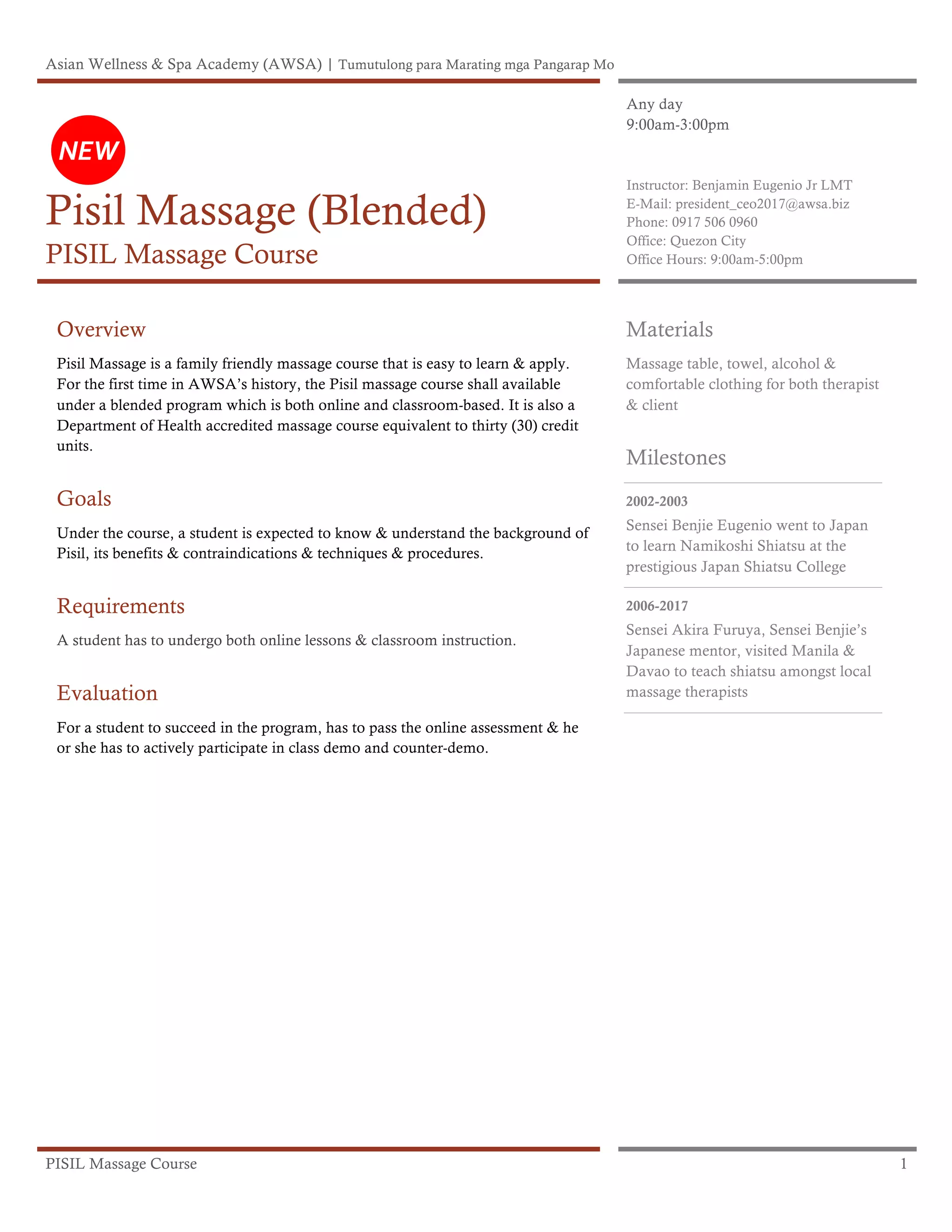 Pisil Massage (Blended) Syllabus | PDF
