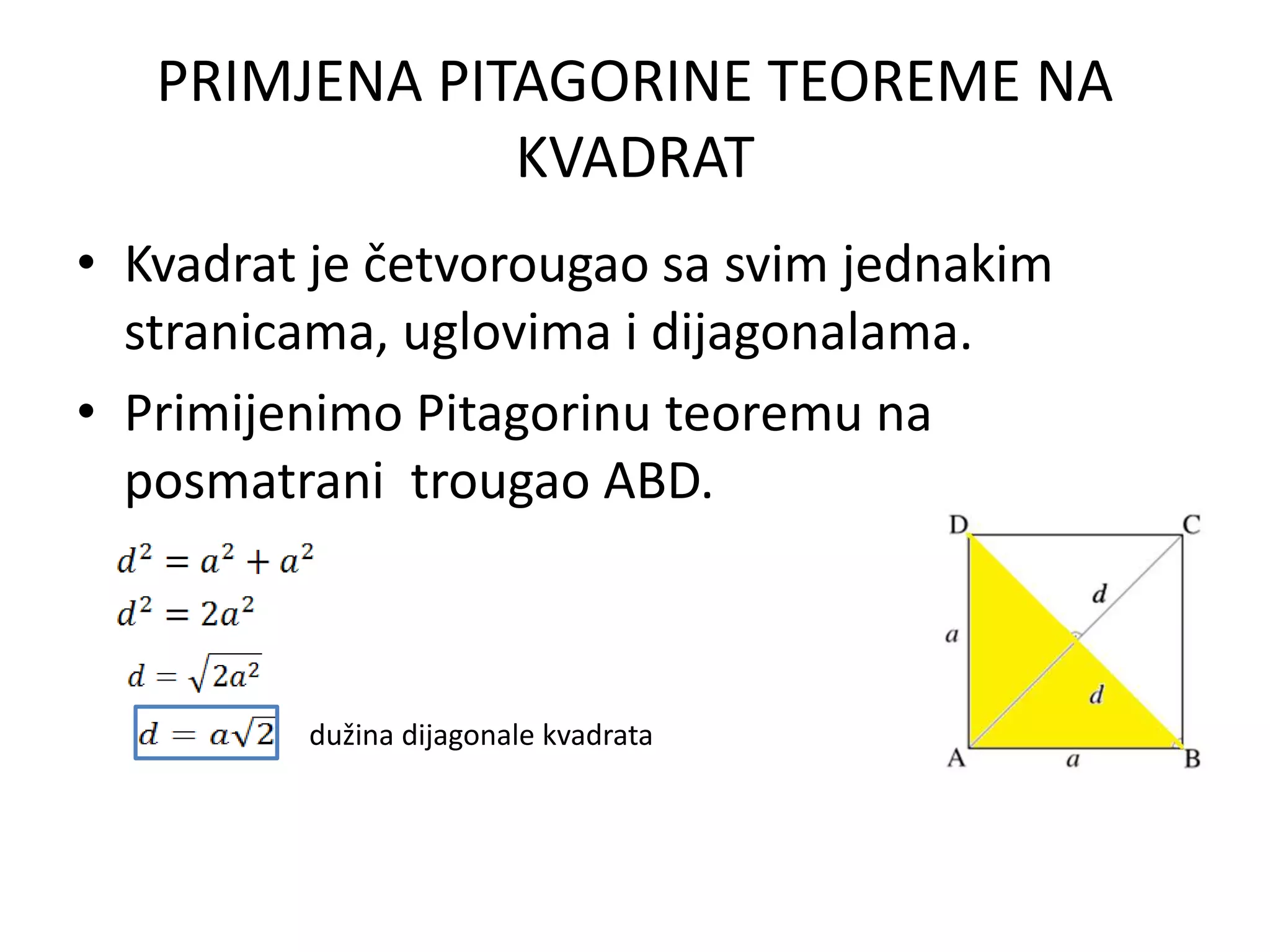 Pitagorina teorema primjena na kvadrat i pravougaonik | PPTX