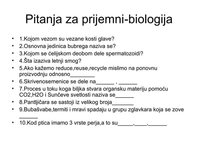 Pitanja za prijemni 1 Biologija | PPT
