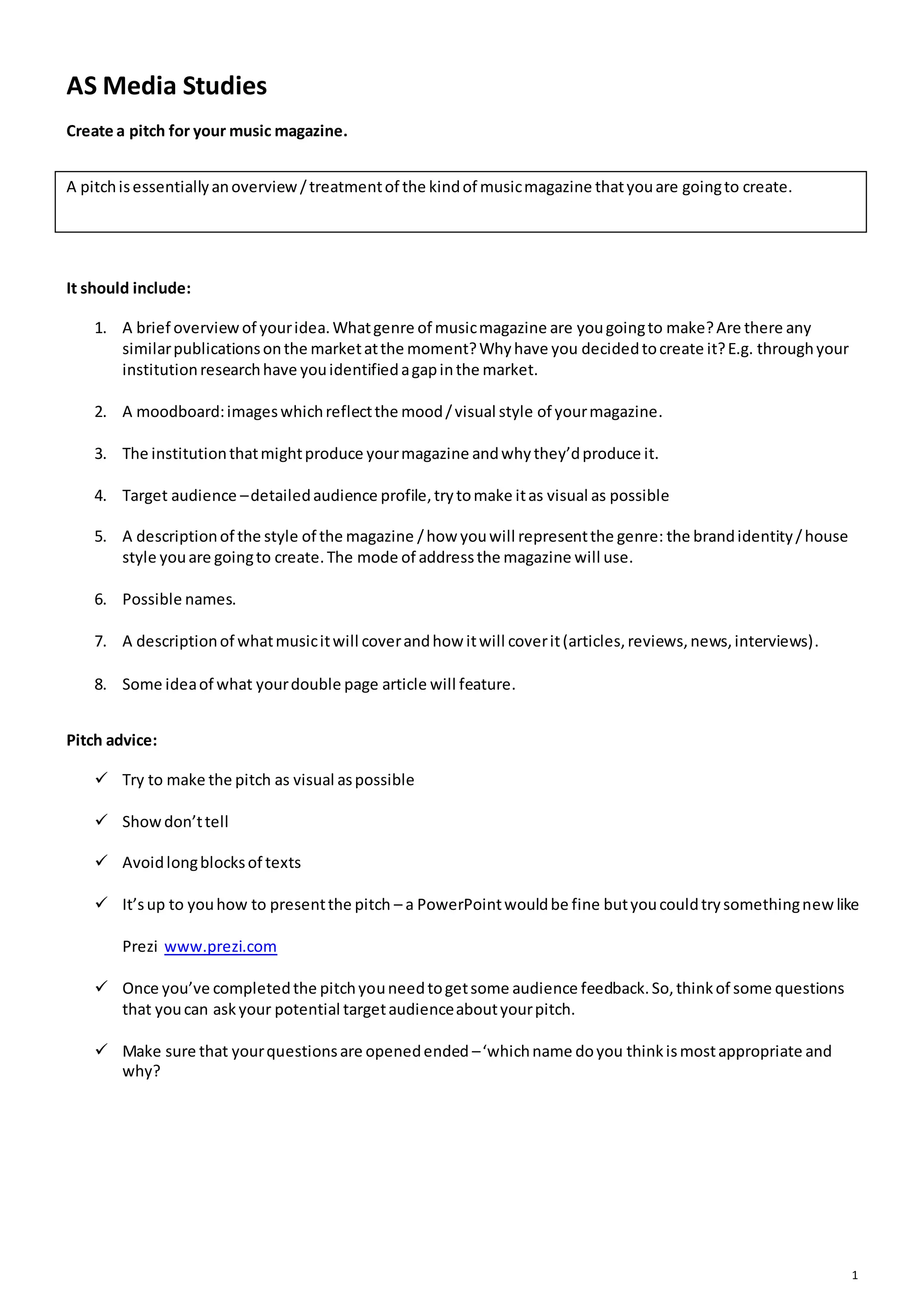 Pitch and Audience Profile Handout | DOCX | Genres