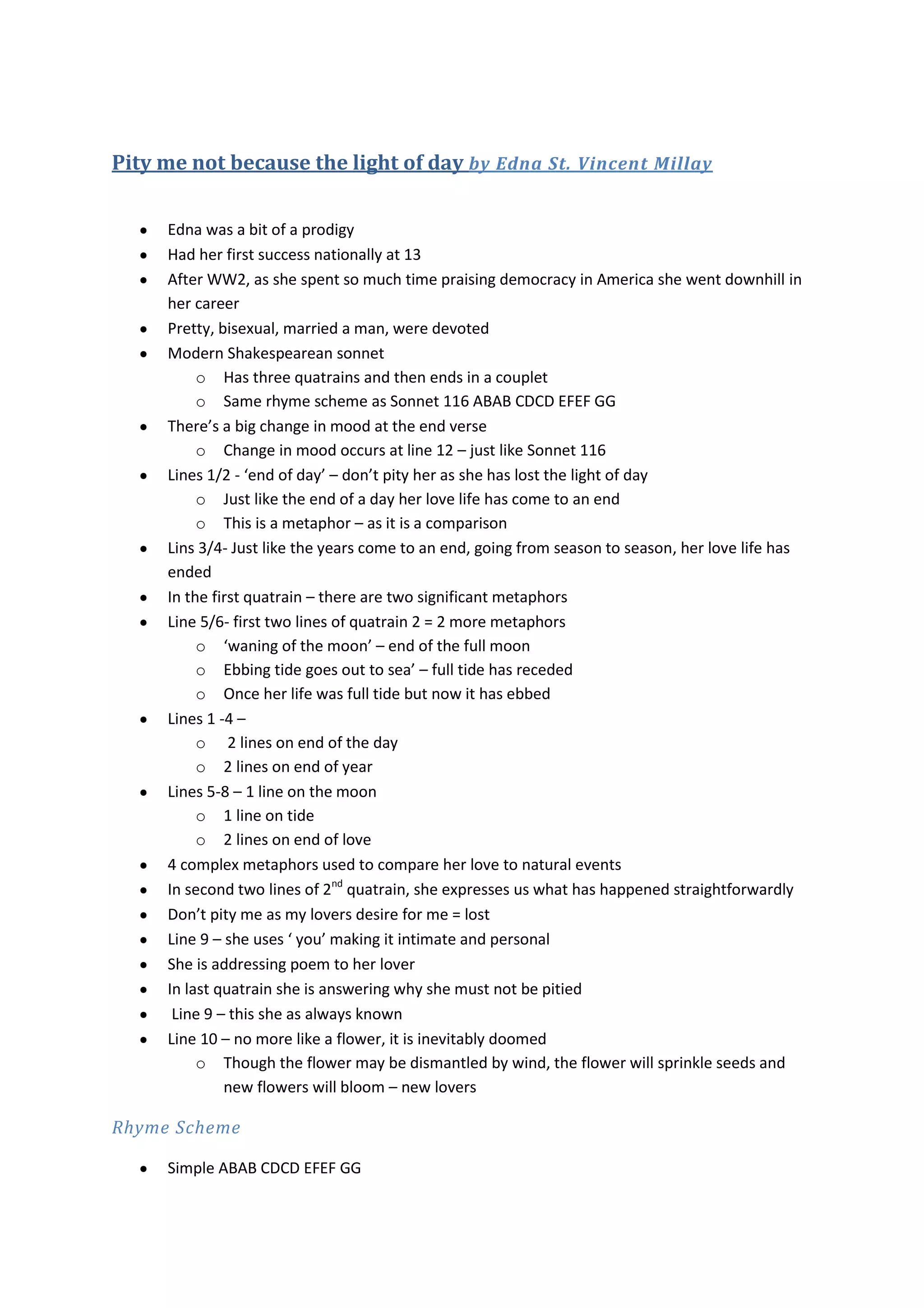 GCSE English Edexcel Relationships: Pity Me Not Because the Light of Day by Edna St | DOCX