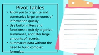 Pivot table and their functions in excel | PPTX