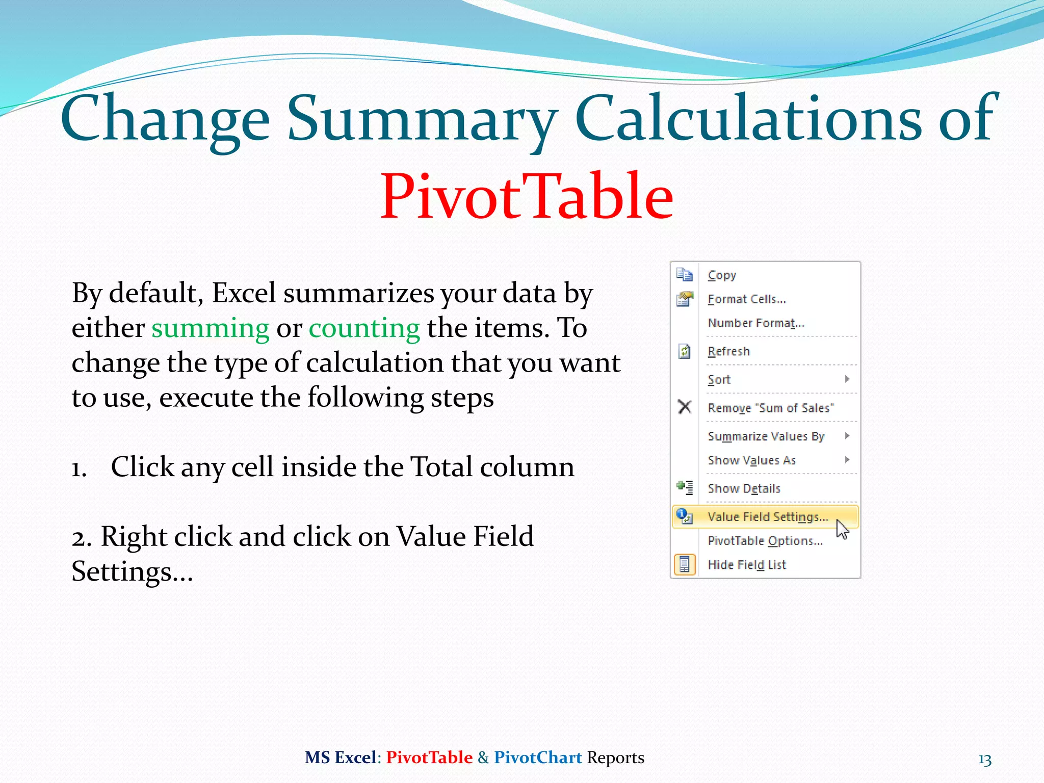 MS Excel Pivot Table Reports & Charts | PPTX