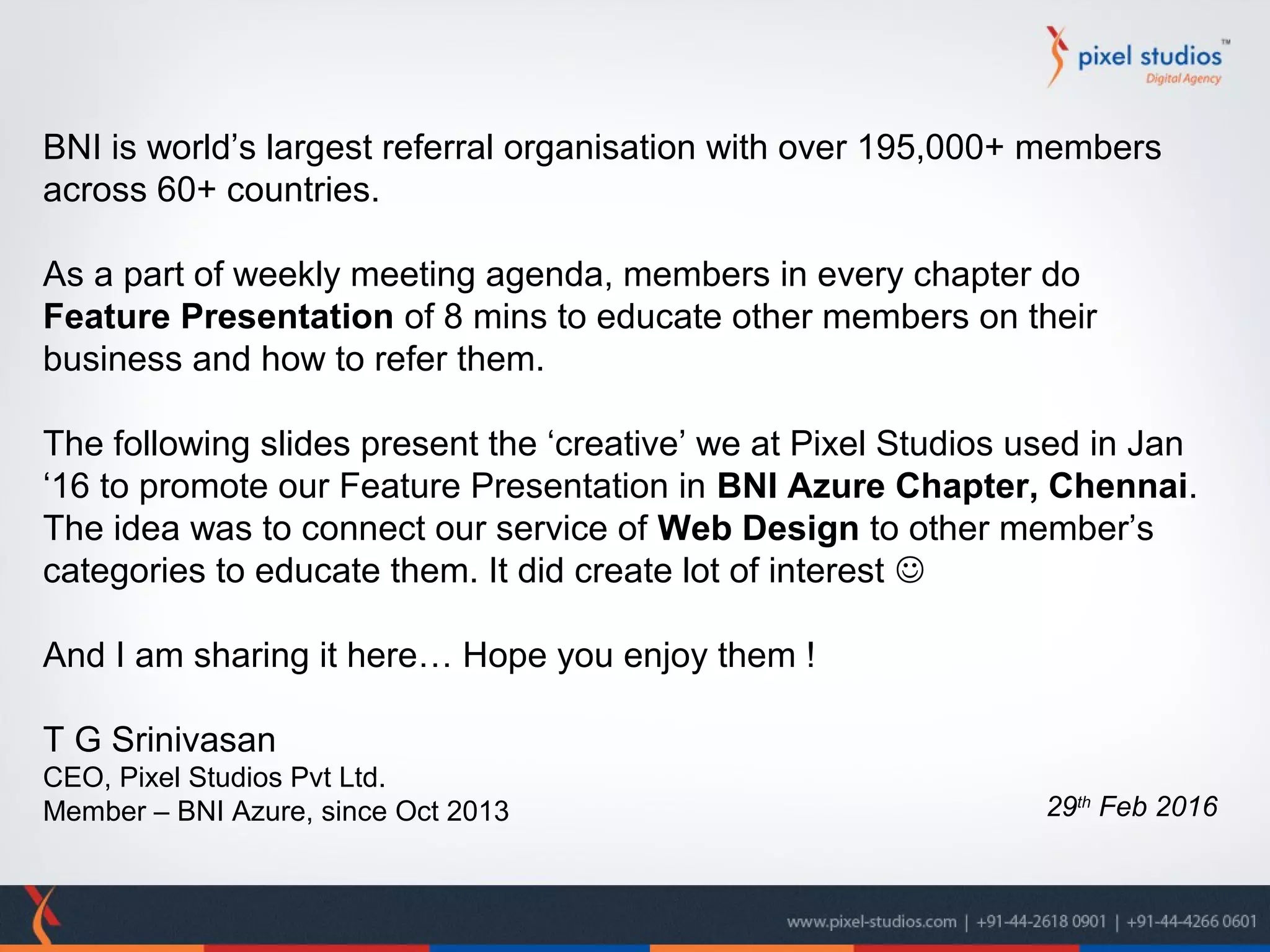 Pixel Studios - BNI Feature Presentation Teaser | PPT | Business ...