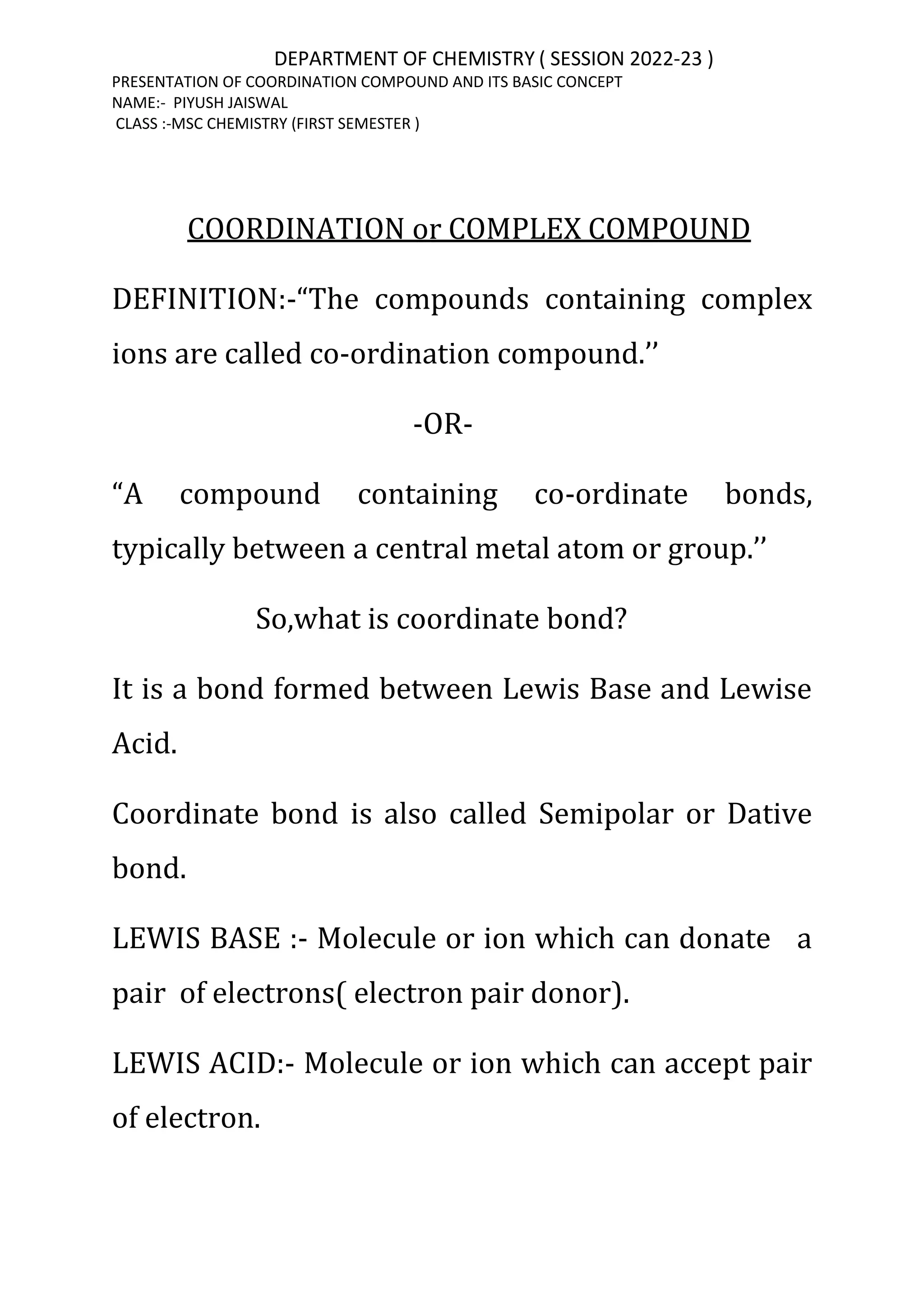 Coordination compound and its basic concepts | DOCX