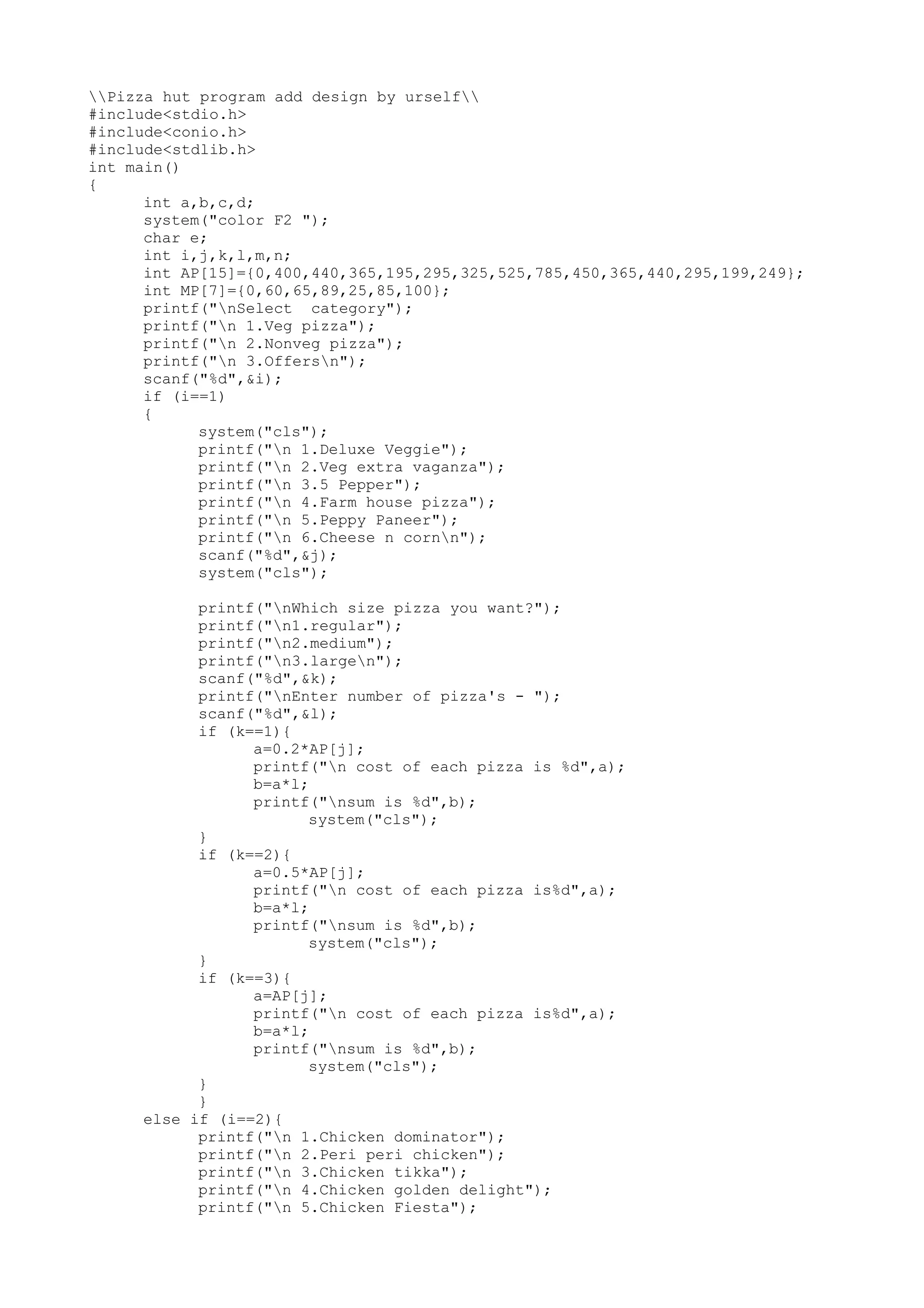 PIZZA HUT C program | PDF
