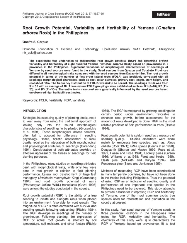Root Growth Potential, Variability and Heritability of Yemane (Gmelina ...