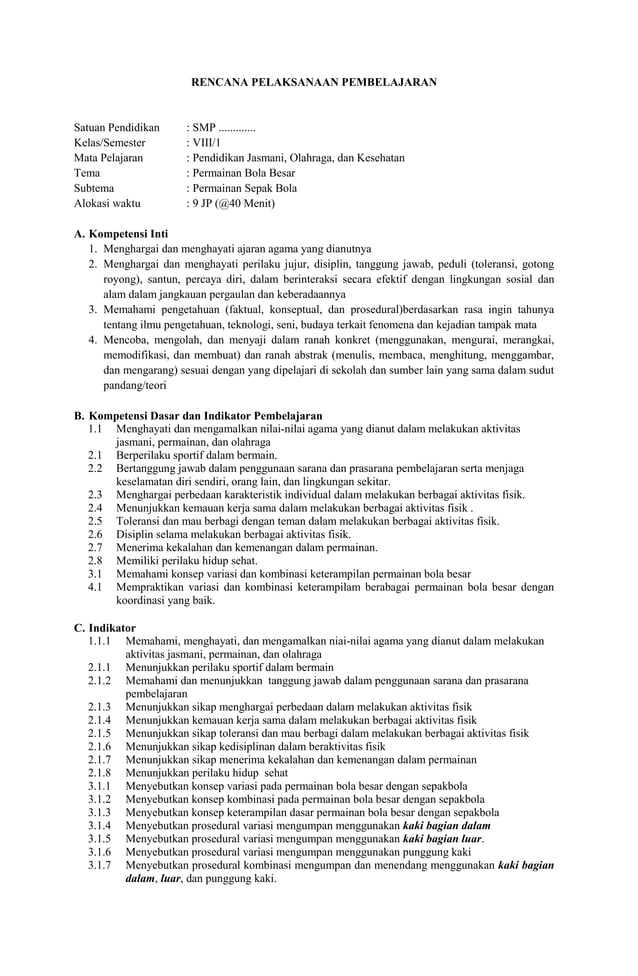 RPP PJOK SMP Kelas VIII | PDF