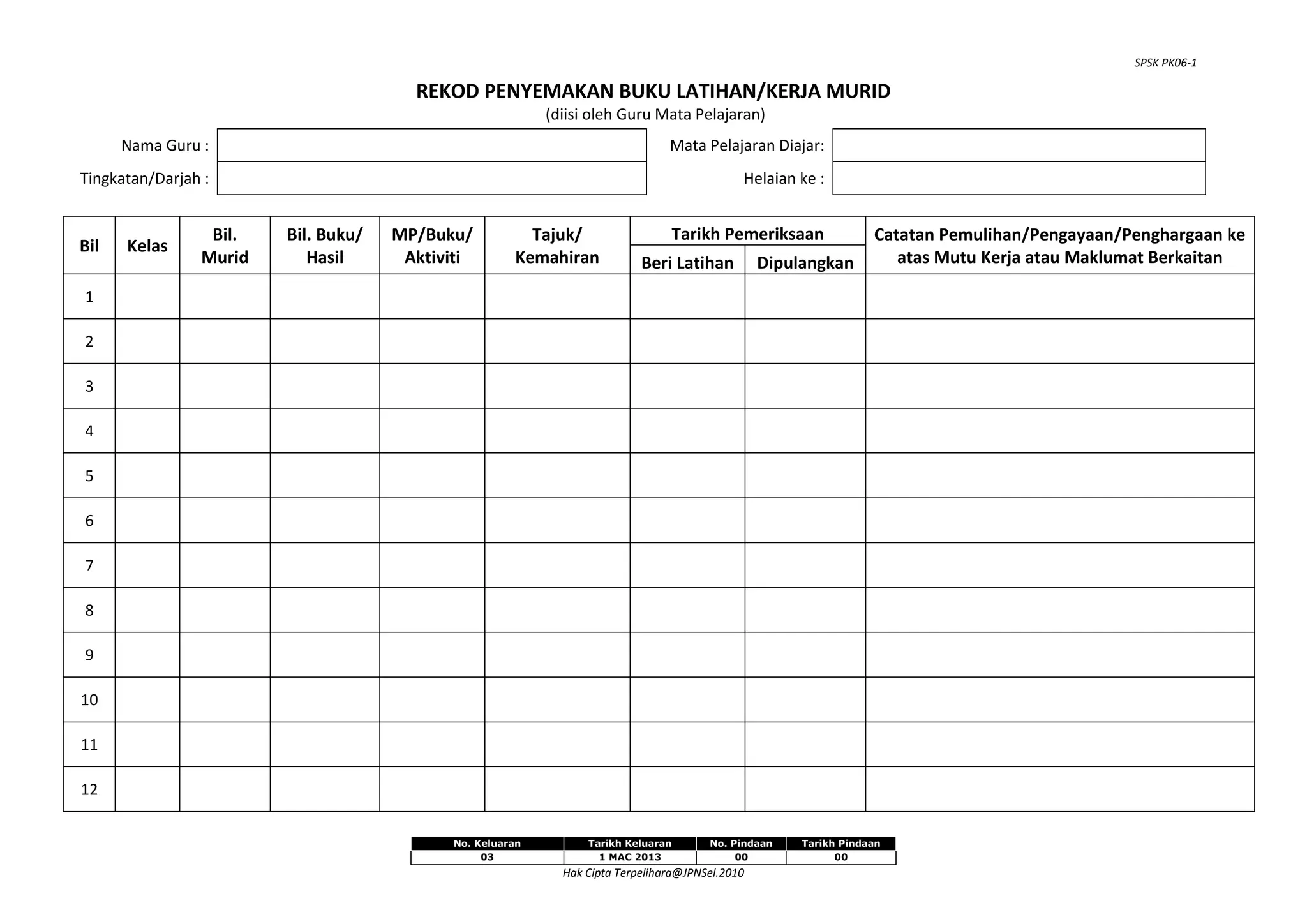 Rekod Penyemakan Buku Latihan Murid | PPT