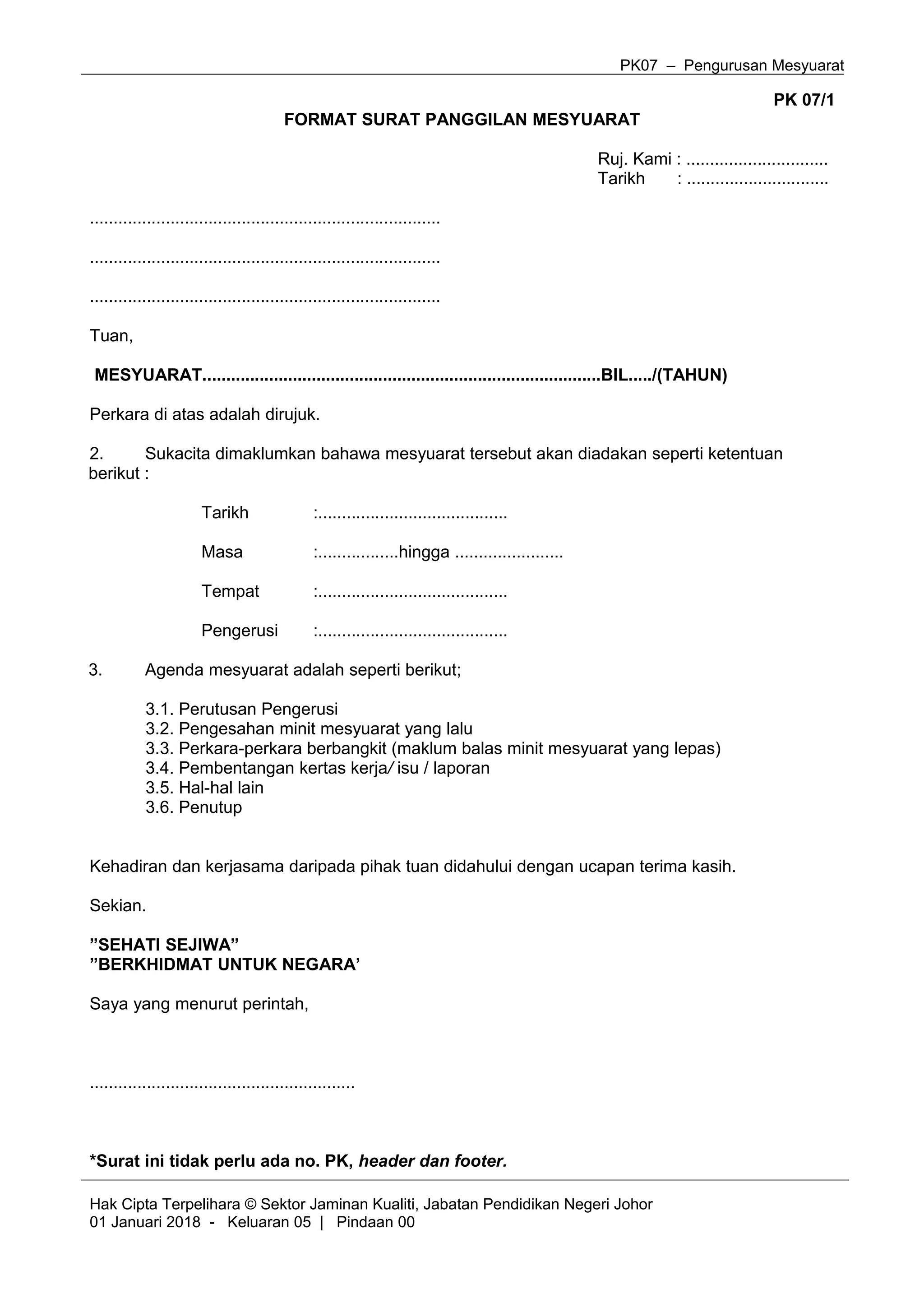 Pk07 1 format surat panggilan mesyuarat | DOC