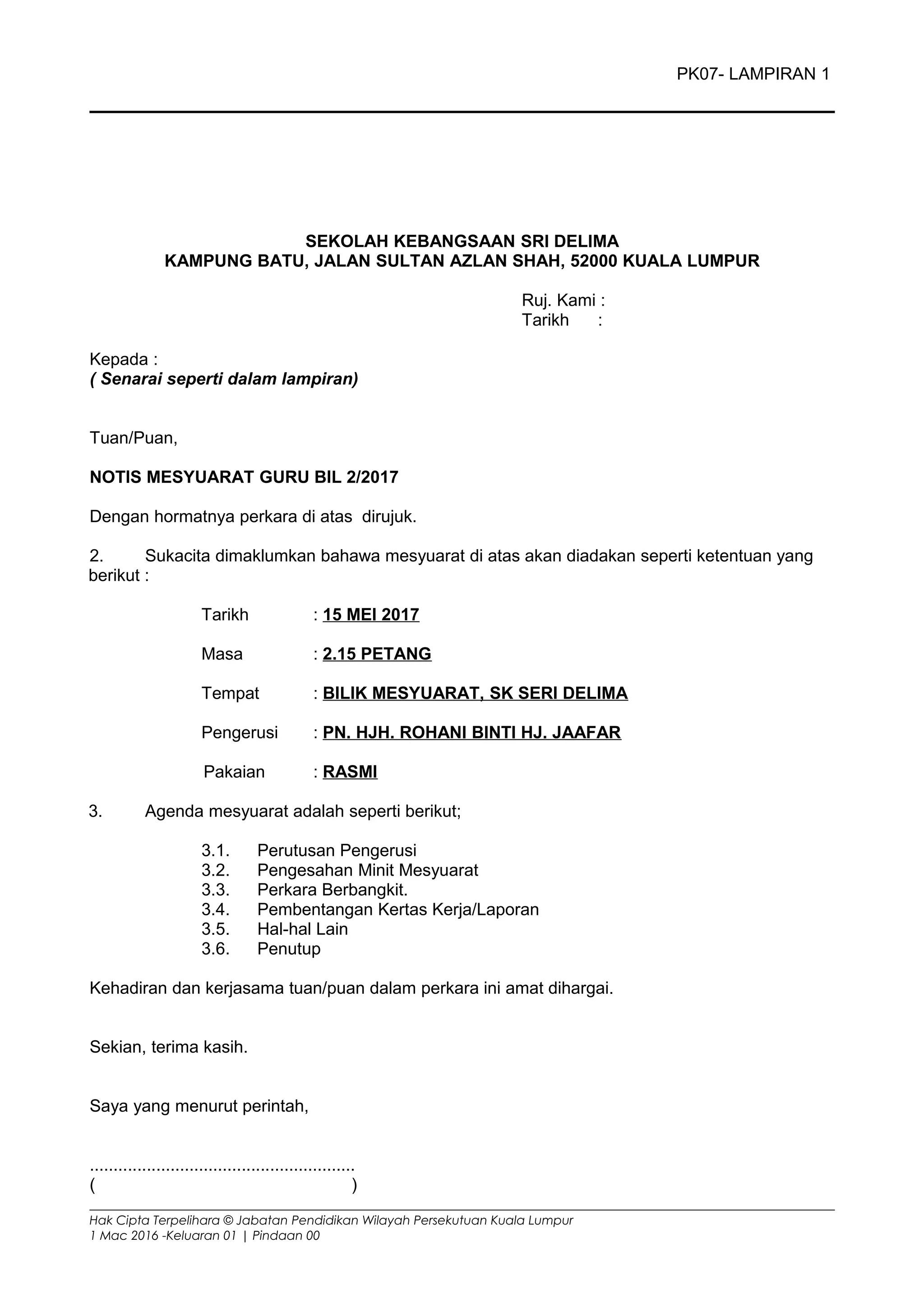 Pk 07 lampiran 1 contoh notis mesyuarat | DOC