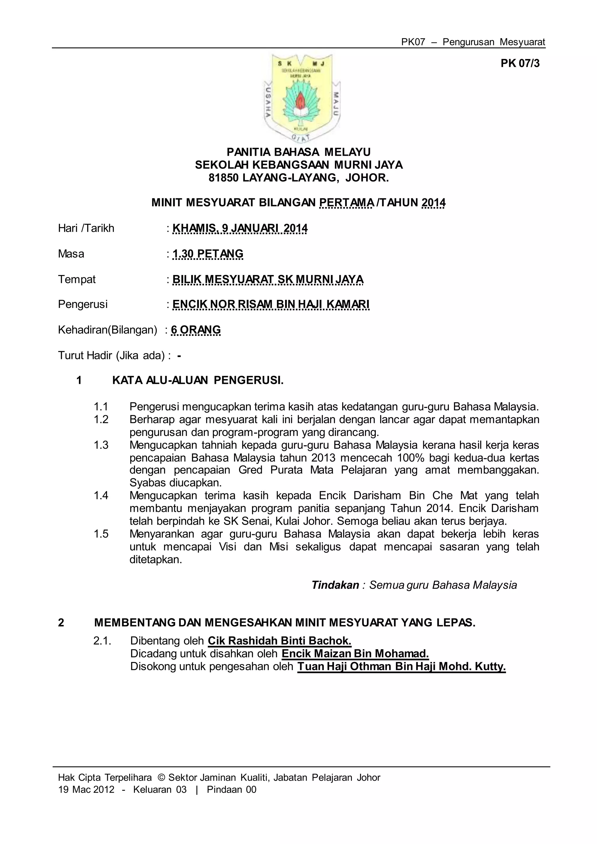Contoh Minit Mesyuarat Panitia BM Kali Pertama | DOCX