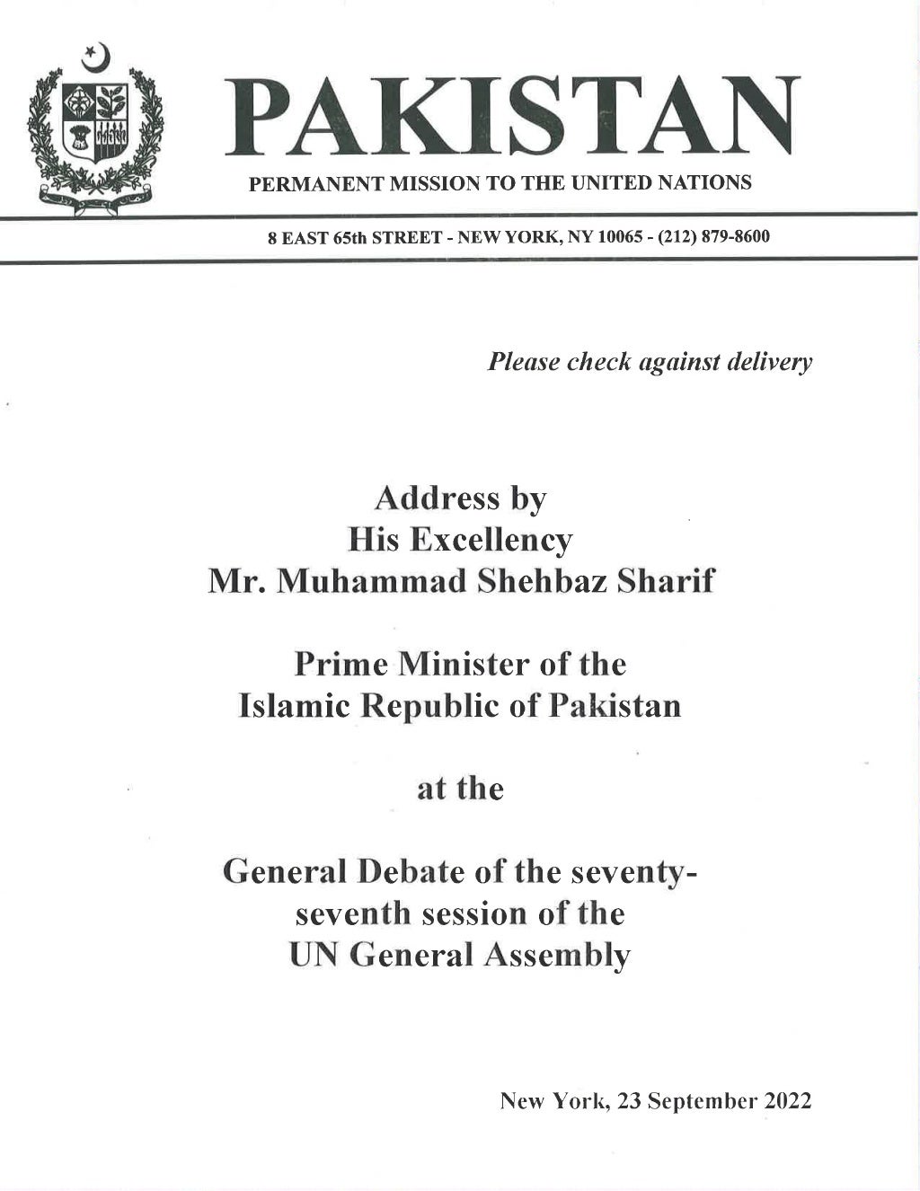 Prime Minister Shehbaz Sharif speech at 77th Session of UNGA | PDF