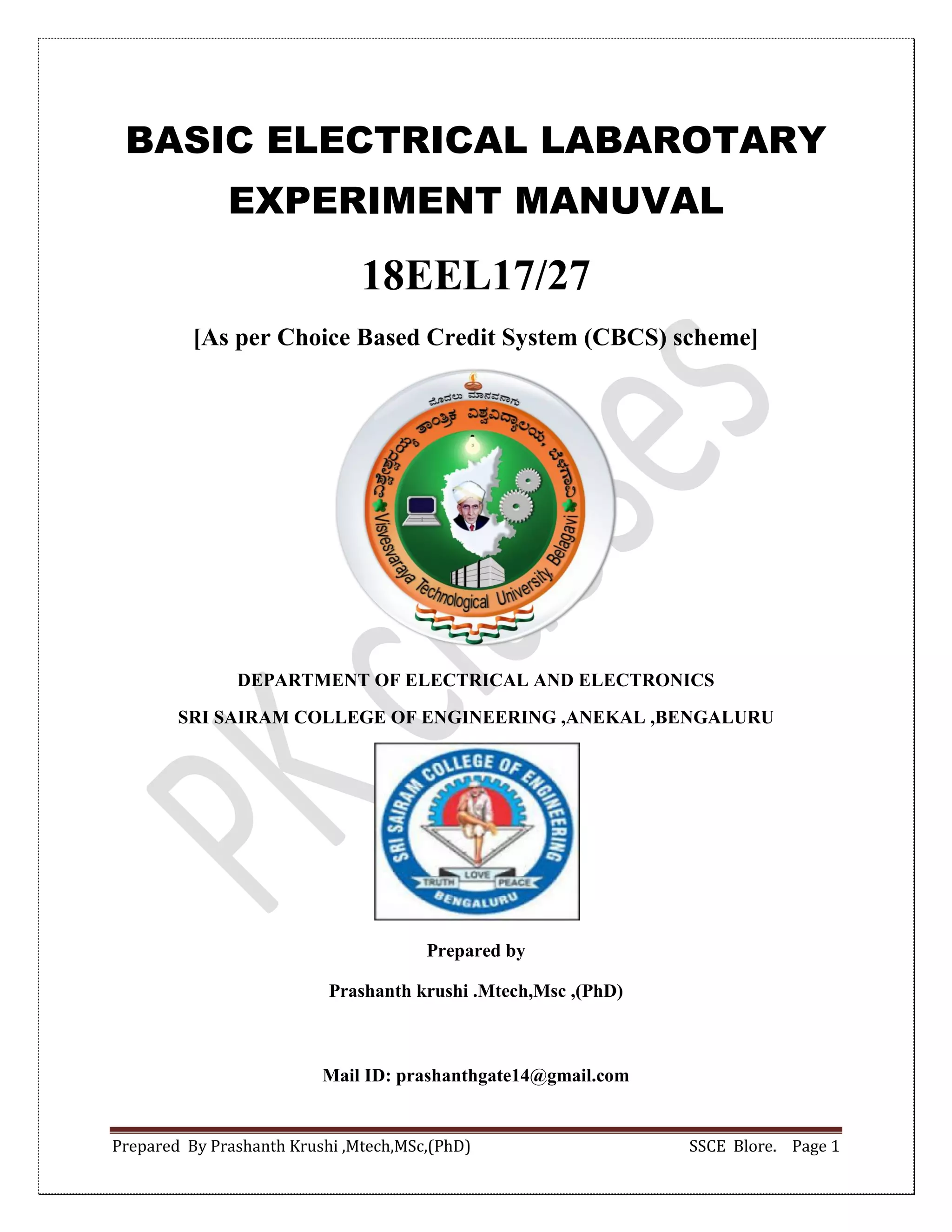 Basic Electrical Engineering Lab Manual 2018 cbcs scheme VTU | PDF
