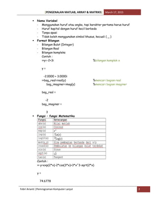 PENGENALAN MATLAB, ARRAY DAN MATRIKS | PDF