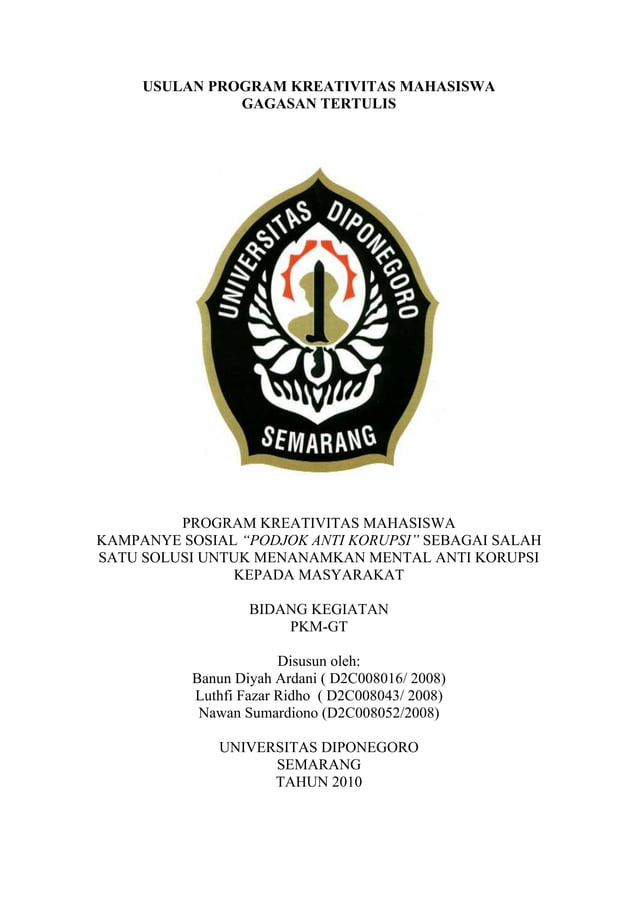 Podjok Anti Korupsi - Program Kreativitas Mahasiswa Gagasan Tertulis (PKM-GT) | PDF