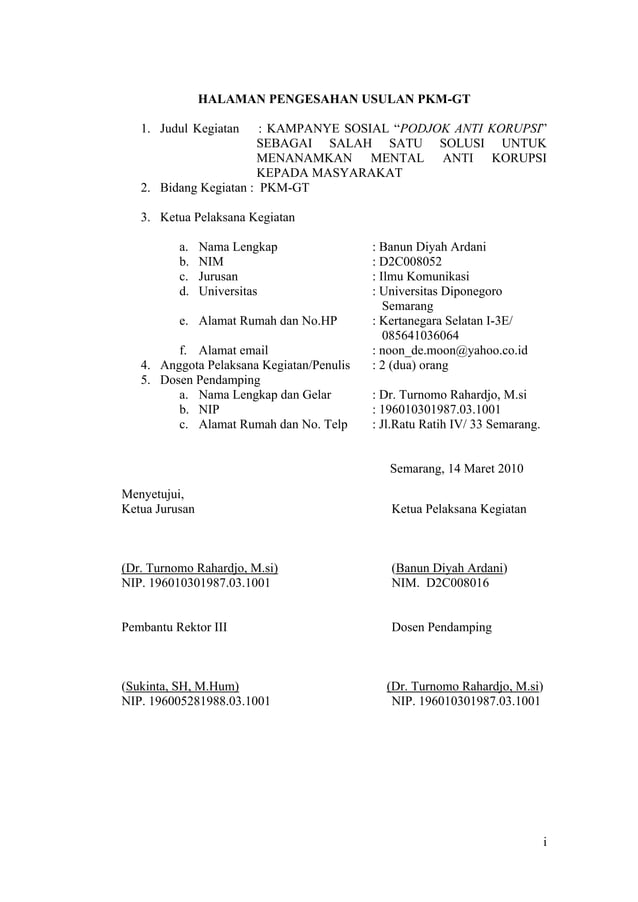 Podjok Anti Korupsi - Program Kreativitas Mahasiswa Gagasan Tertulis (PKM-GT) | PDF
