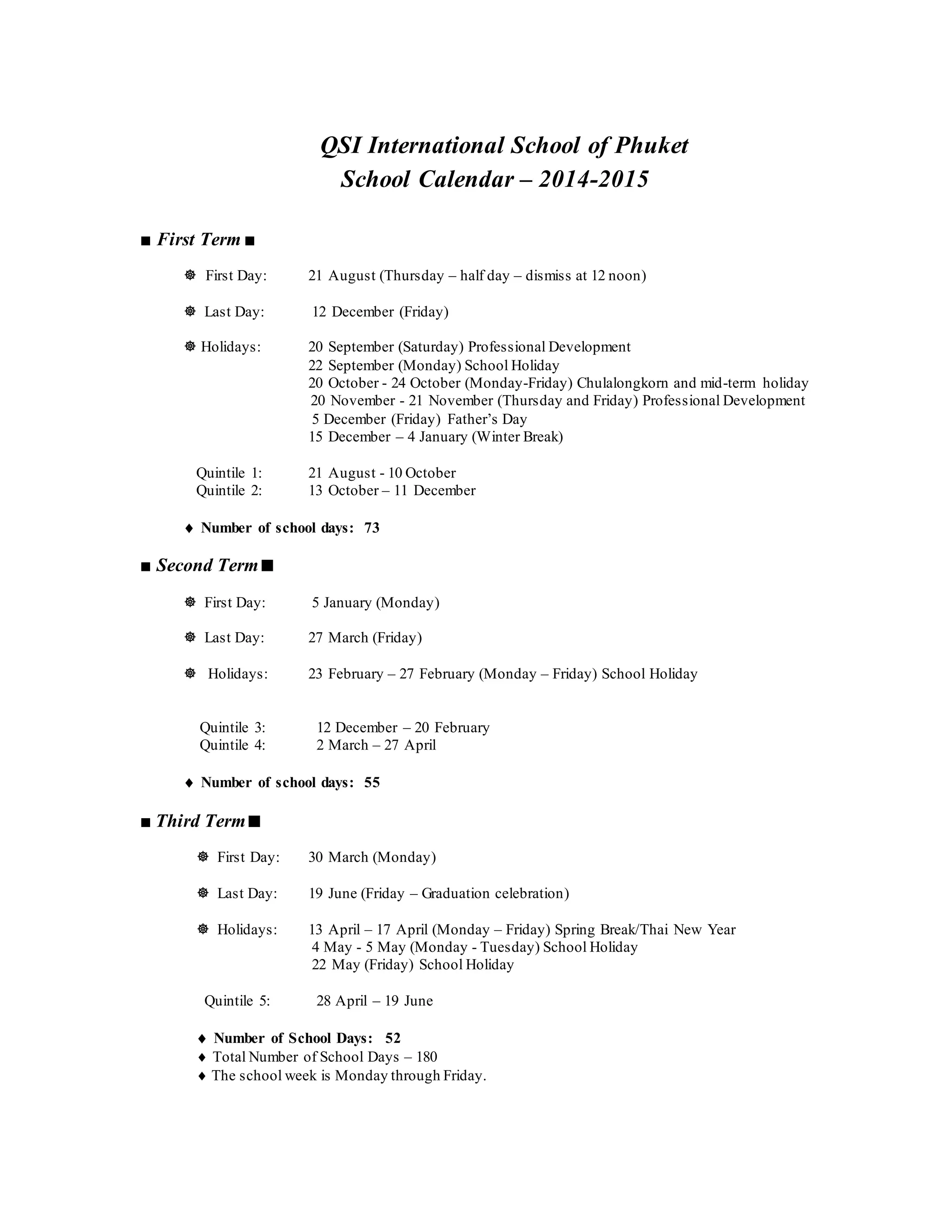 Official School Calendar for the 2014-15 School Year | DOCX