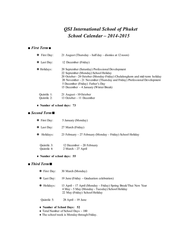 Official School Calendar for the 2014-15 School Year | DOCX