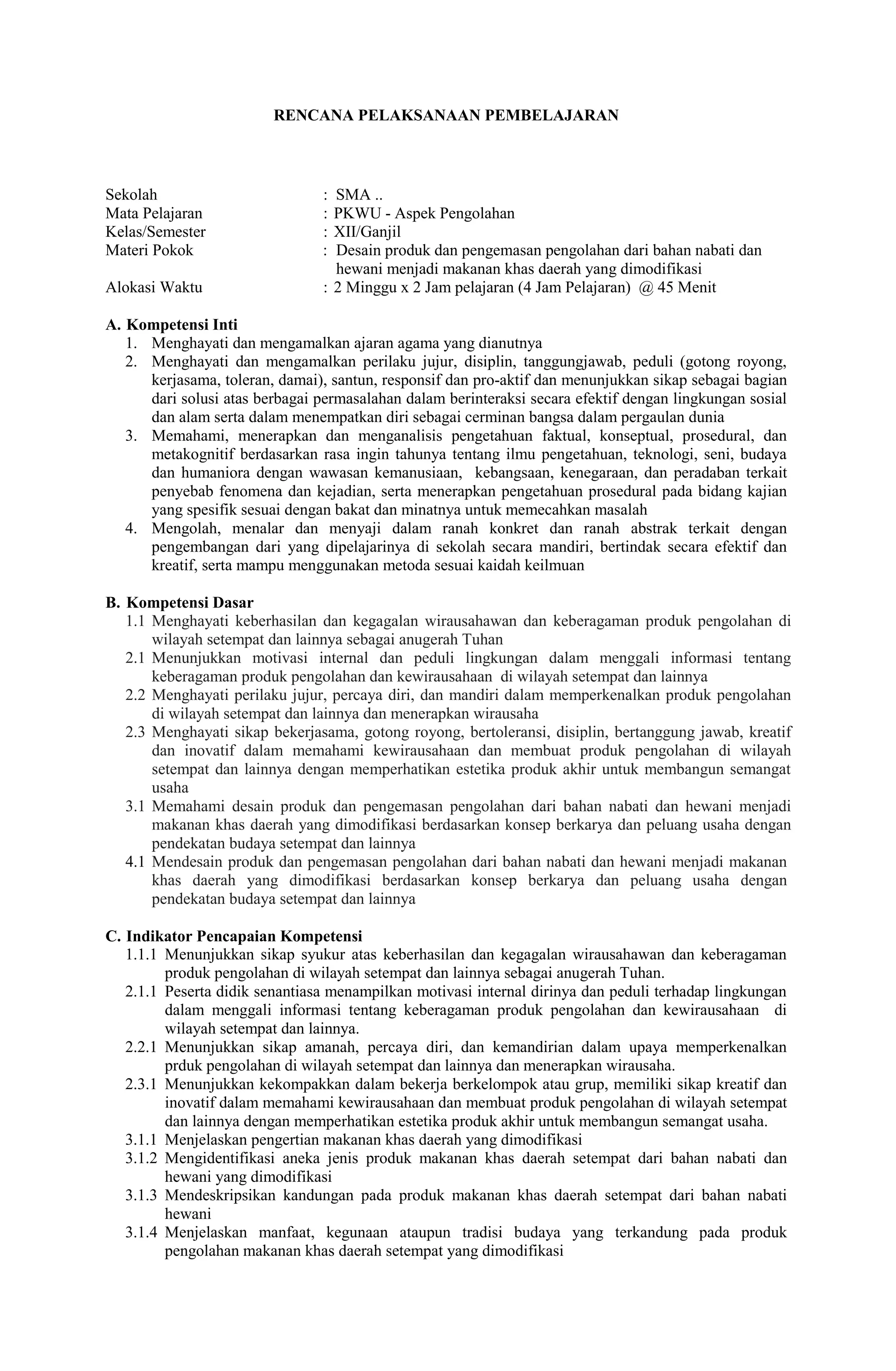 RPP SMA PKWU - Aspek Pengolahan Kelas XII | PDF