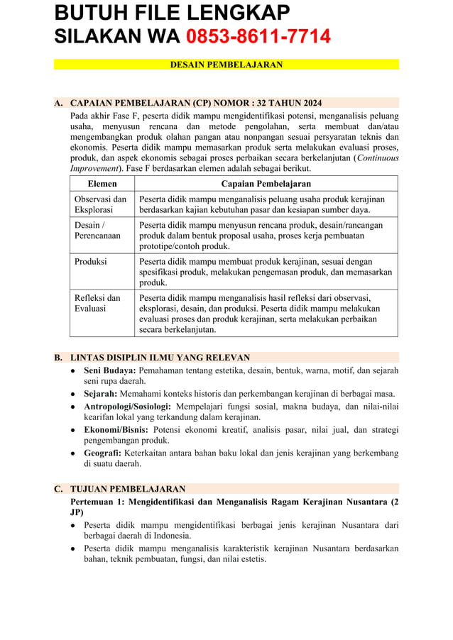 Modul Ajar Pembelajaran Mendalam PKWU Kerajinan Kelas XI SMA Terbaru 2025 | DOCX