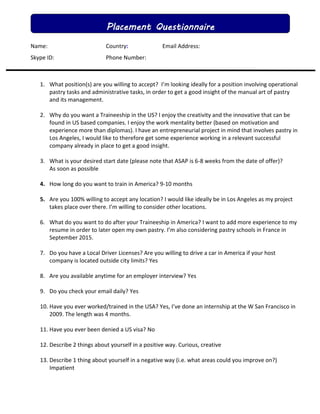 Placement questionnaire | DOCX