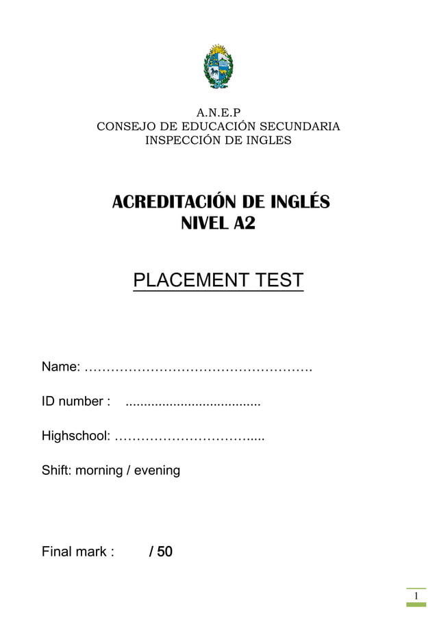 Placement test nivel a2 acreditación | PDF