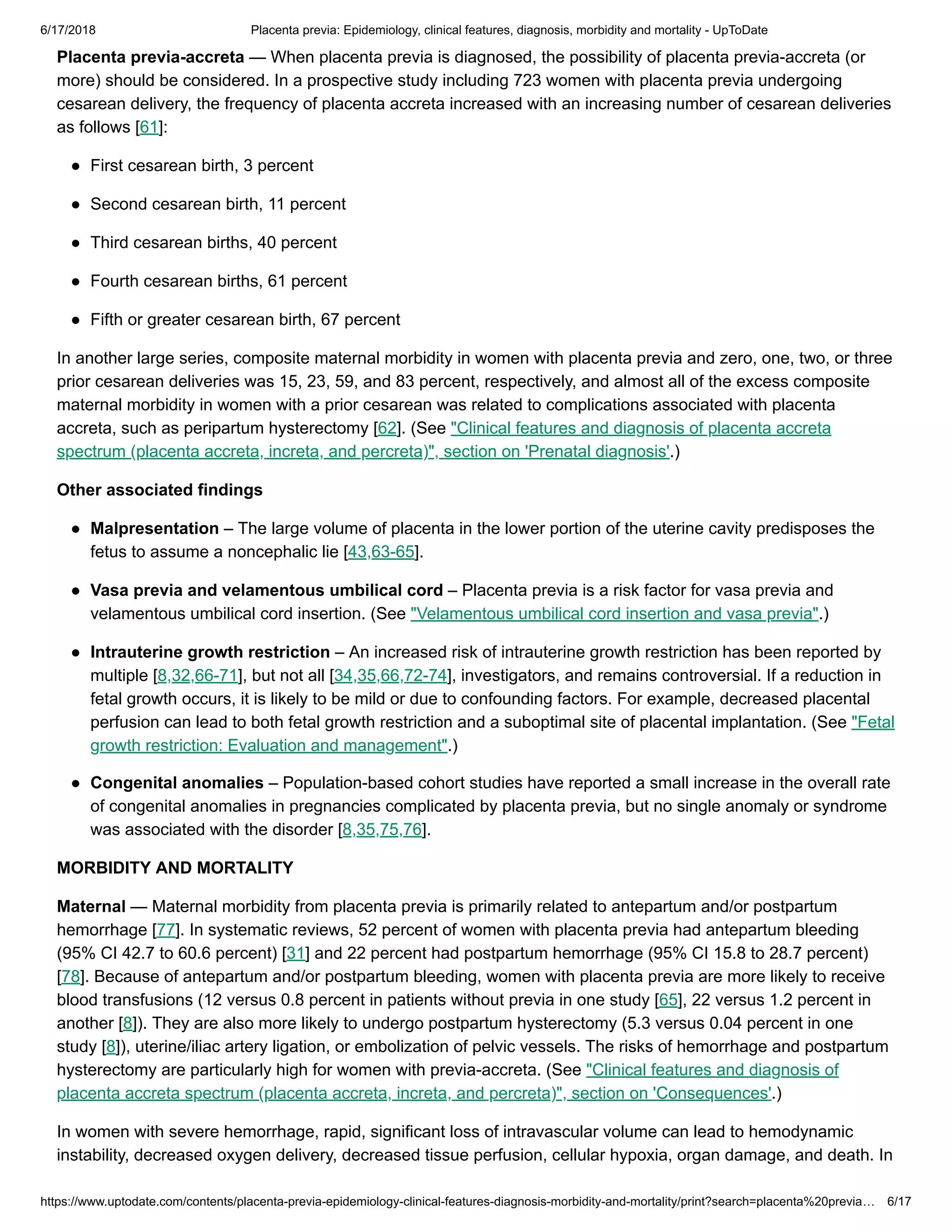 Placenta previa epidemiology, clinical features, diagnosis, morbidity ...