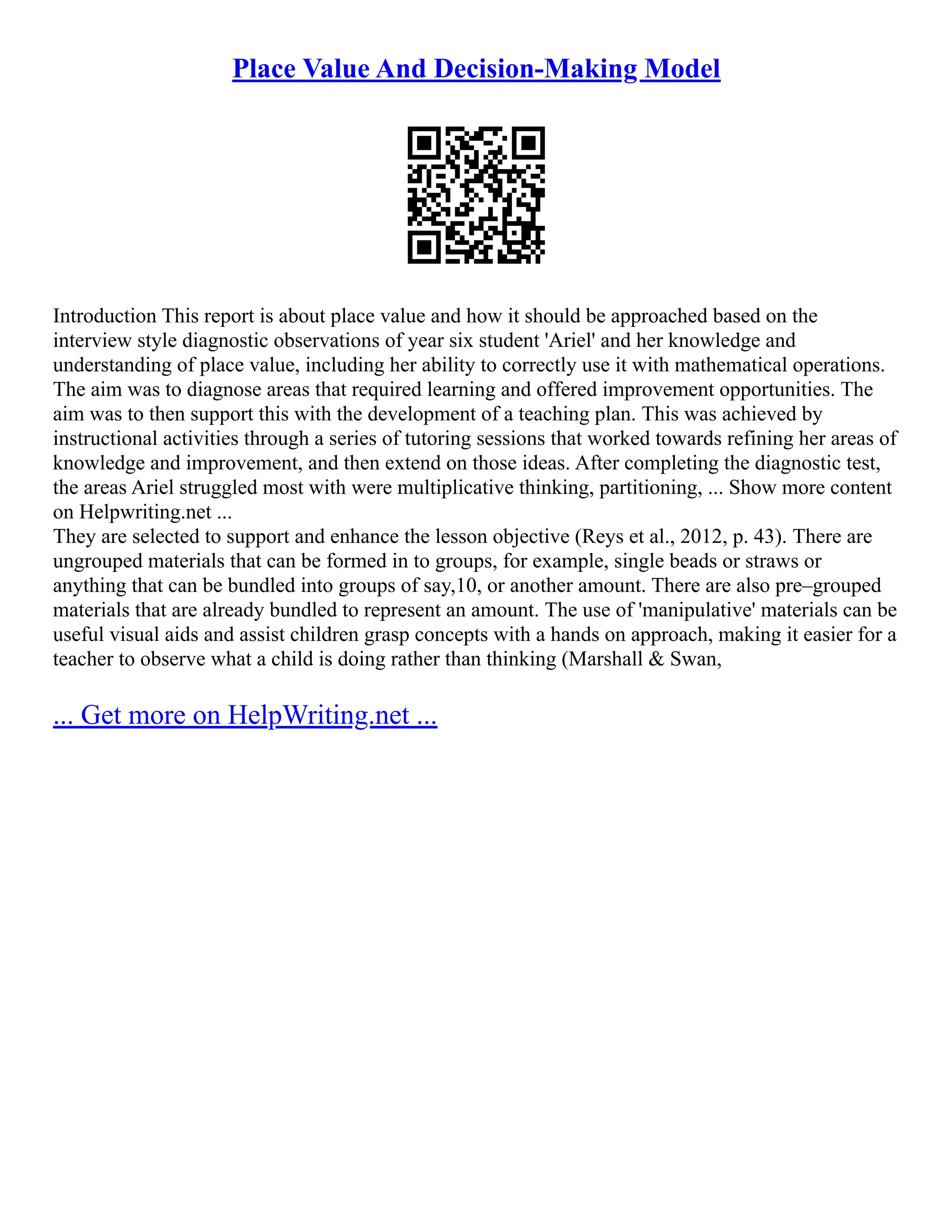 Place Value And Decision-Making Model | PDF