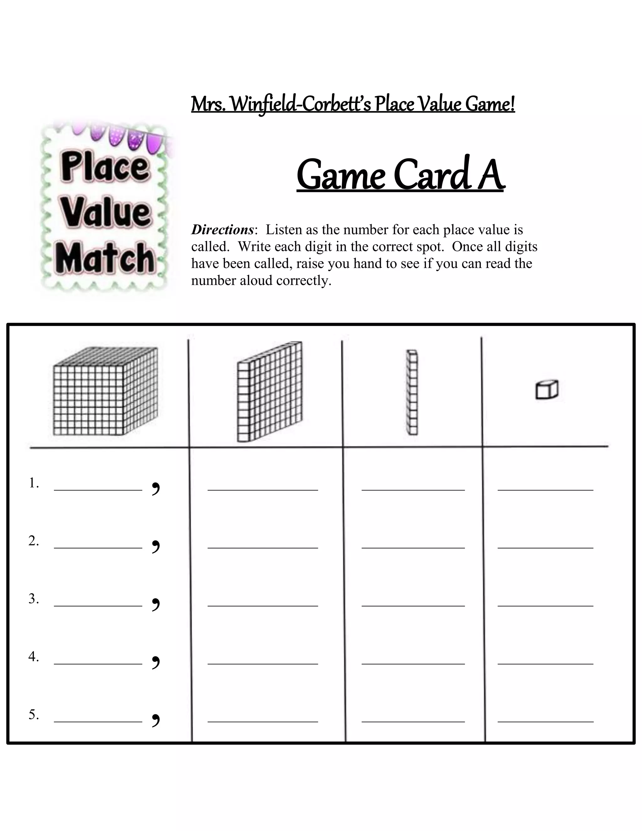 Place value match game | DOCX