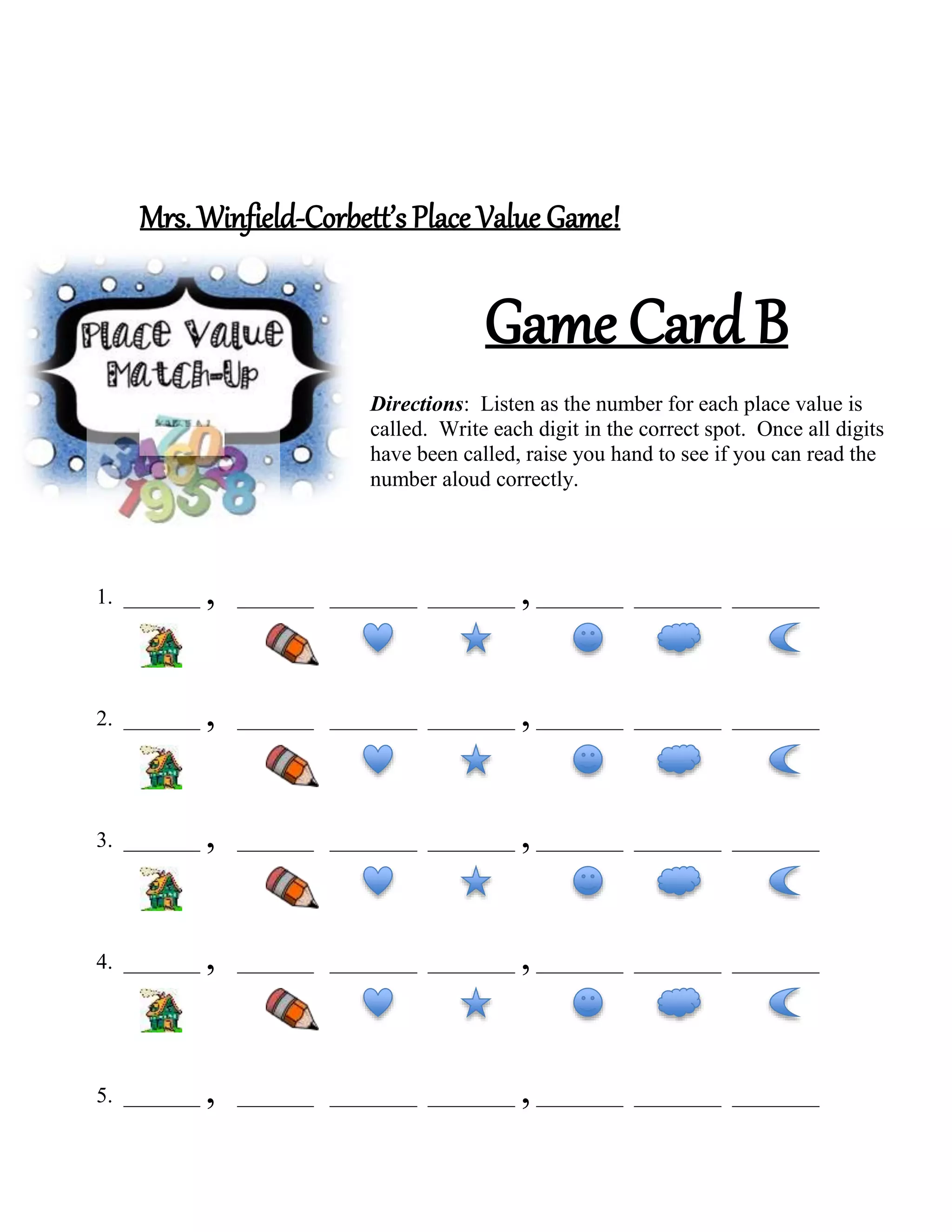 Place value match game | DOCX