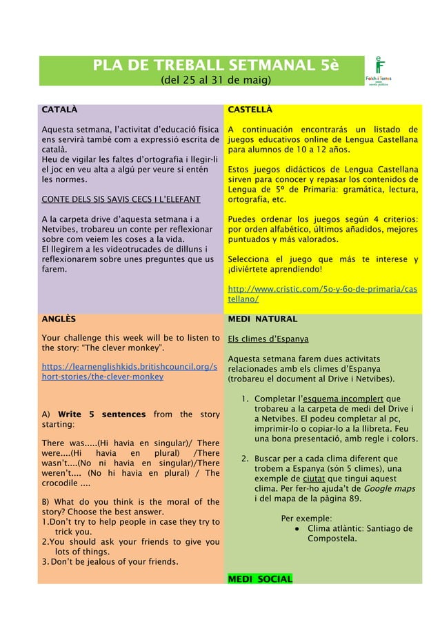 Pla de treball 7 5è | PDF