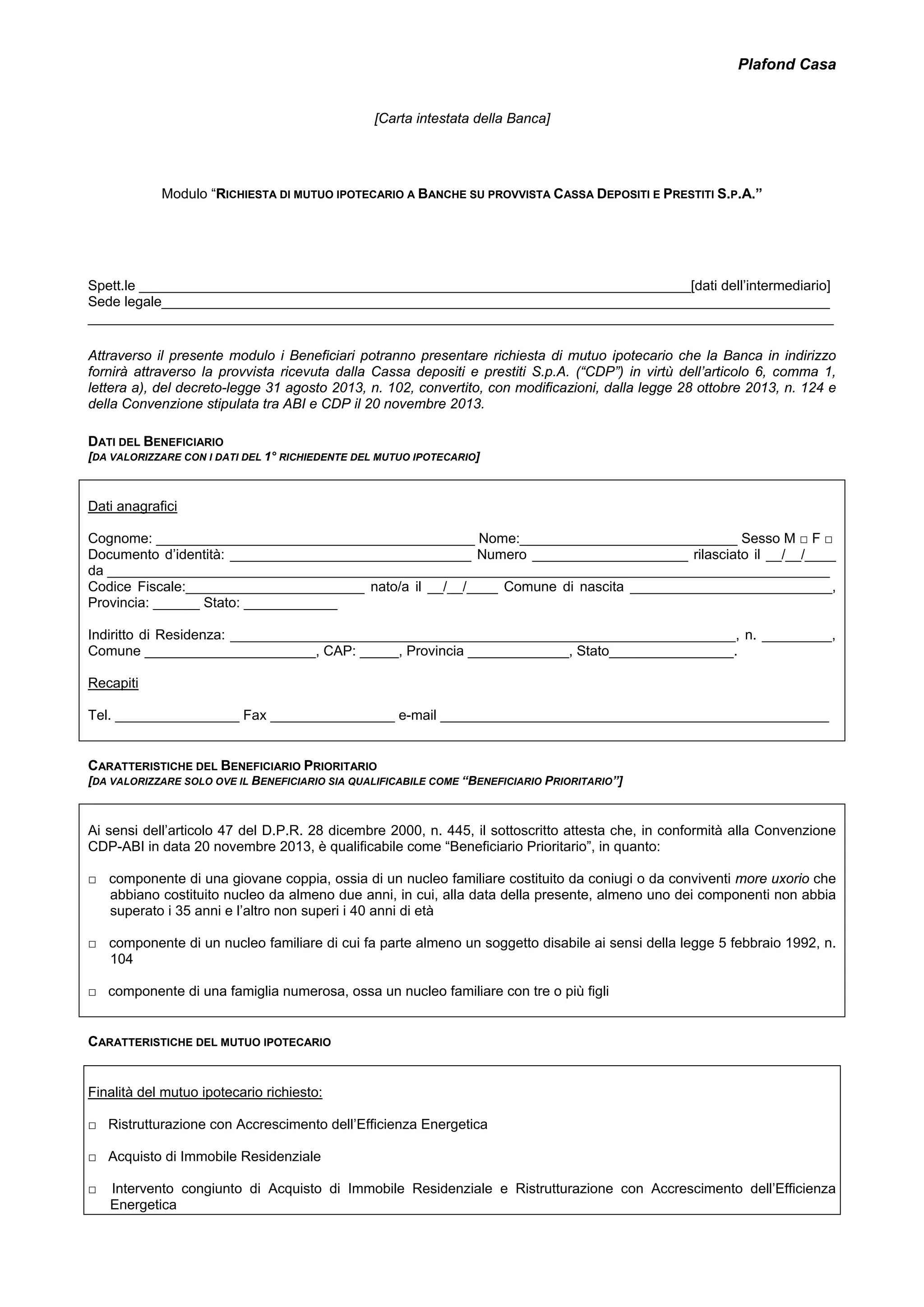 Plafond Casa, modulo richiesta | PDF