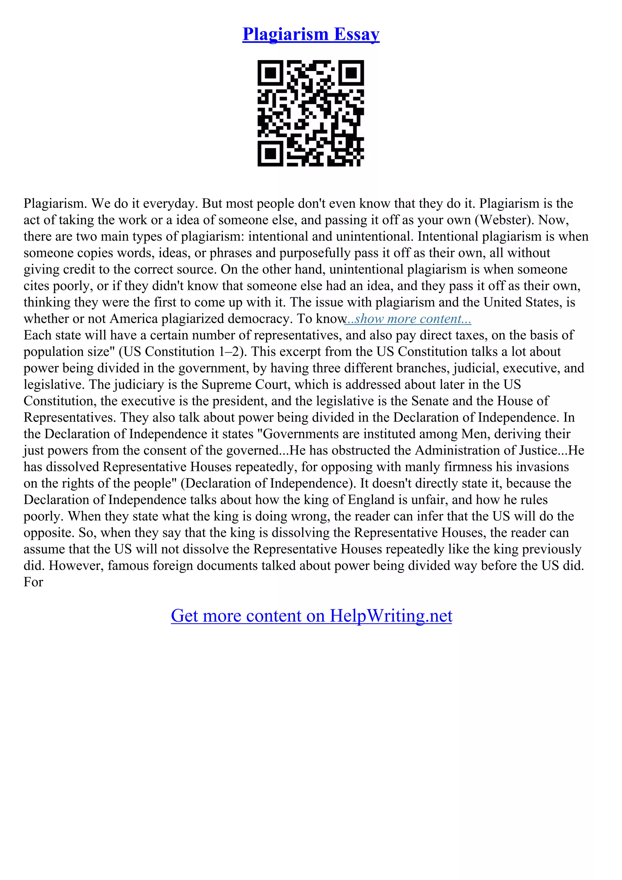 Plagiarism Essay Example | PDF