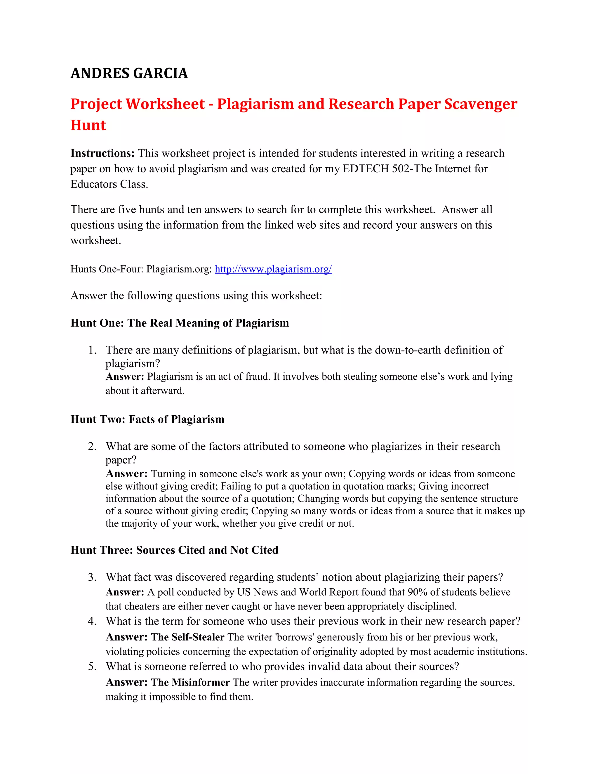 Plagiarism scavenger hunt | DOCX