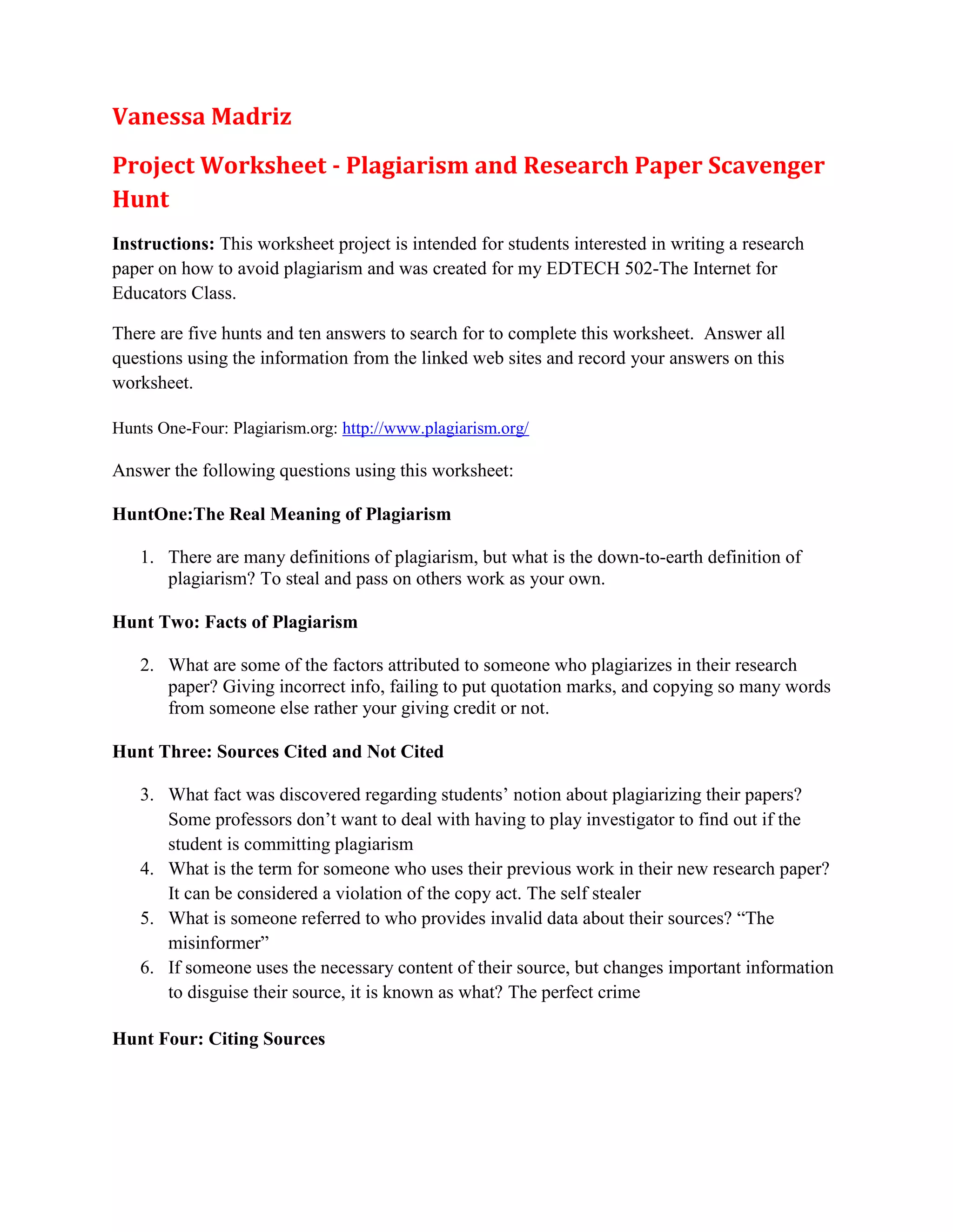 Plagiarism work sheet | DOCX | Homework and Study | Education