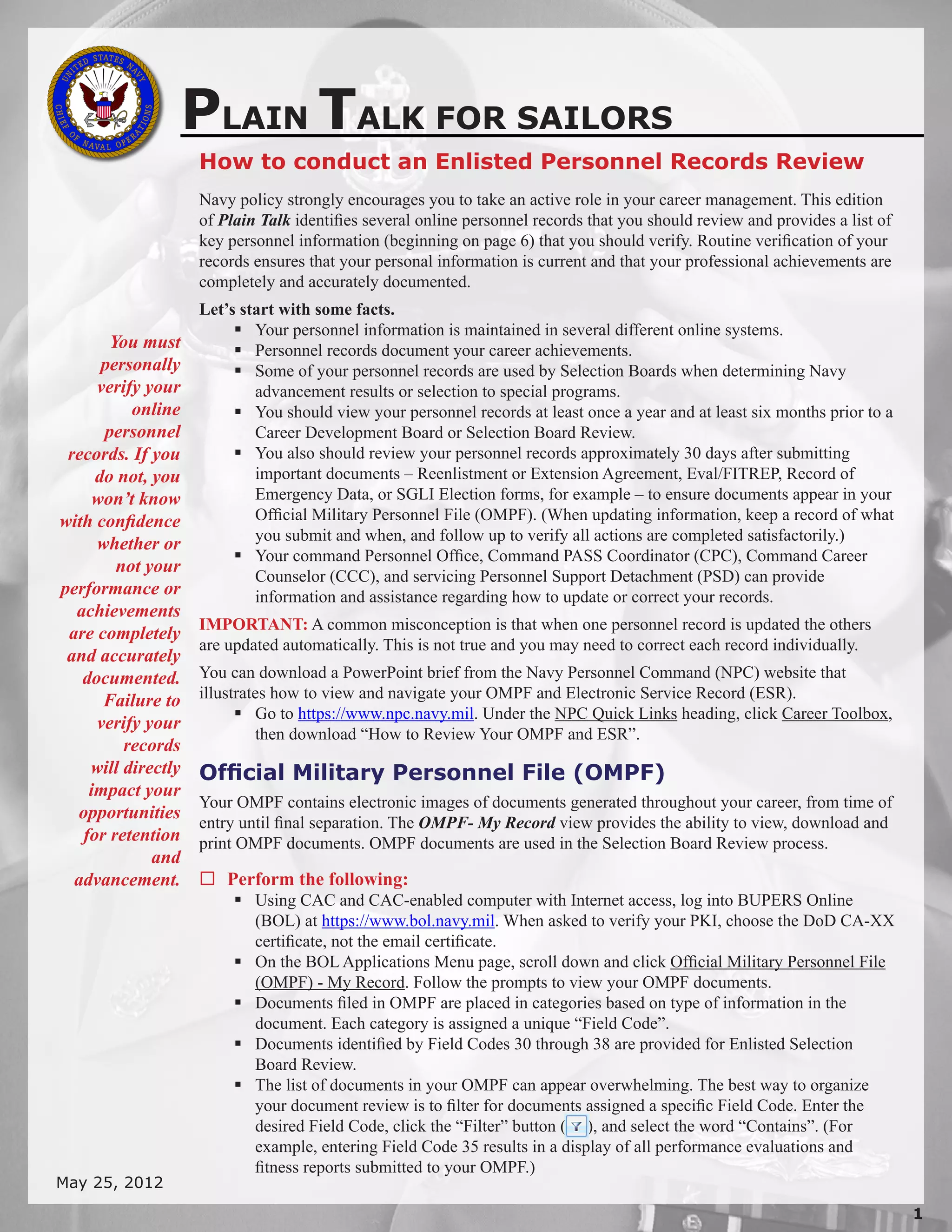 Personnel record review, OMPF & ESR Review | PDF