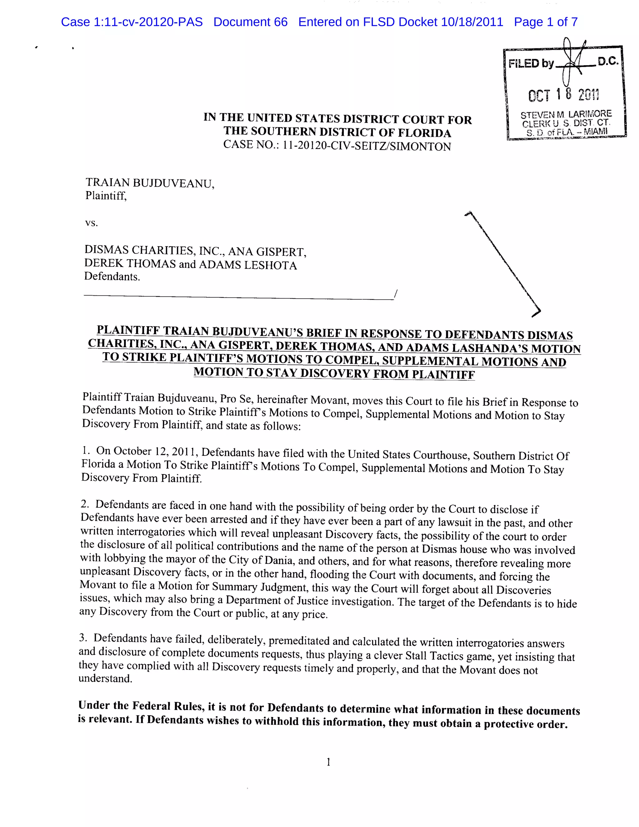 Plaintifff traian bujduveanu's brief in response to defendants dismas charities,inc.,ana gispert ...