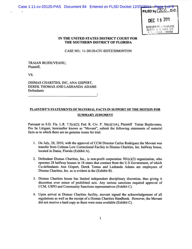 Plaintiff's statement of material facts in support of the motion for summary judgment