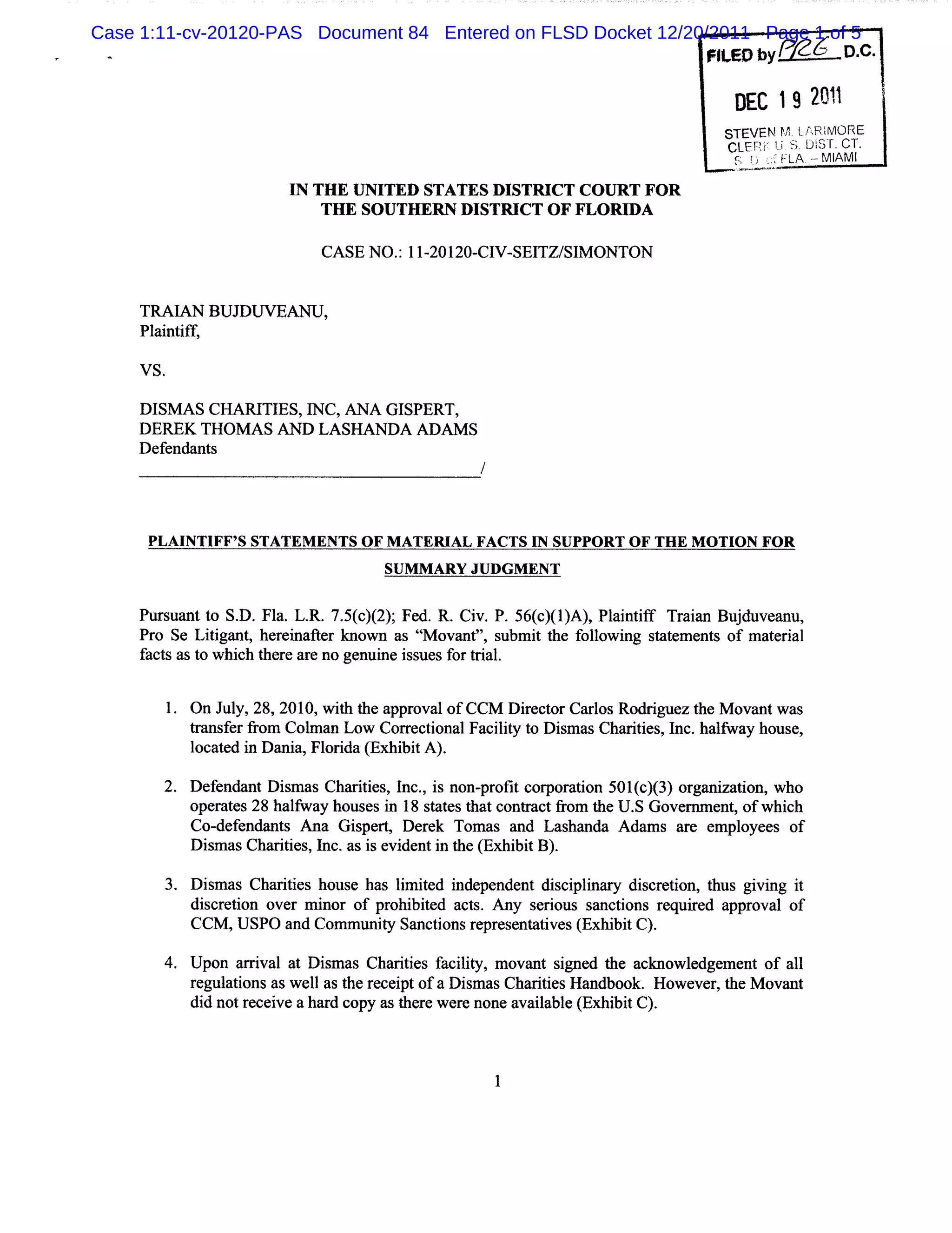 Plaintiff's statement of material facts in support of the motion for ...
