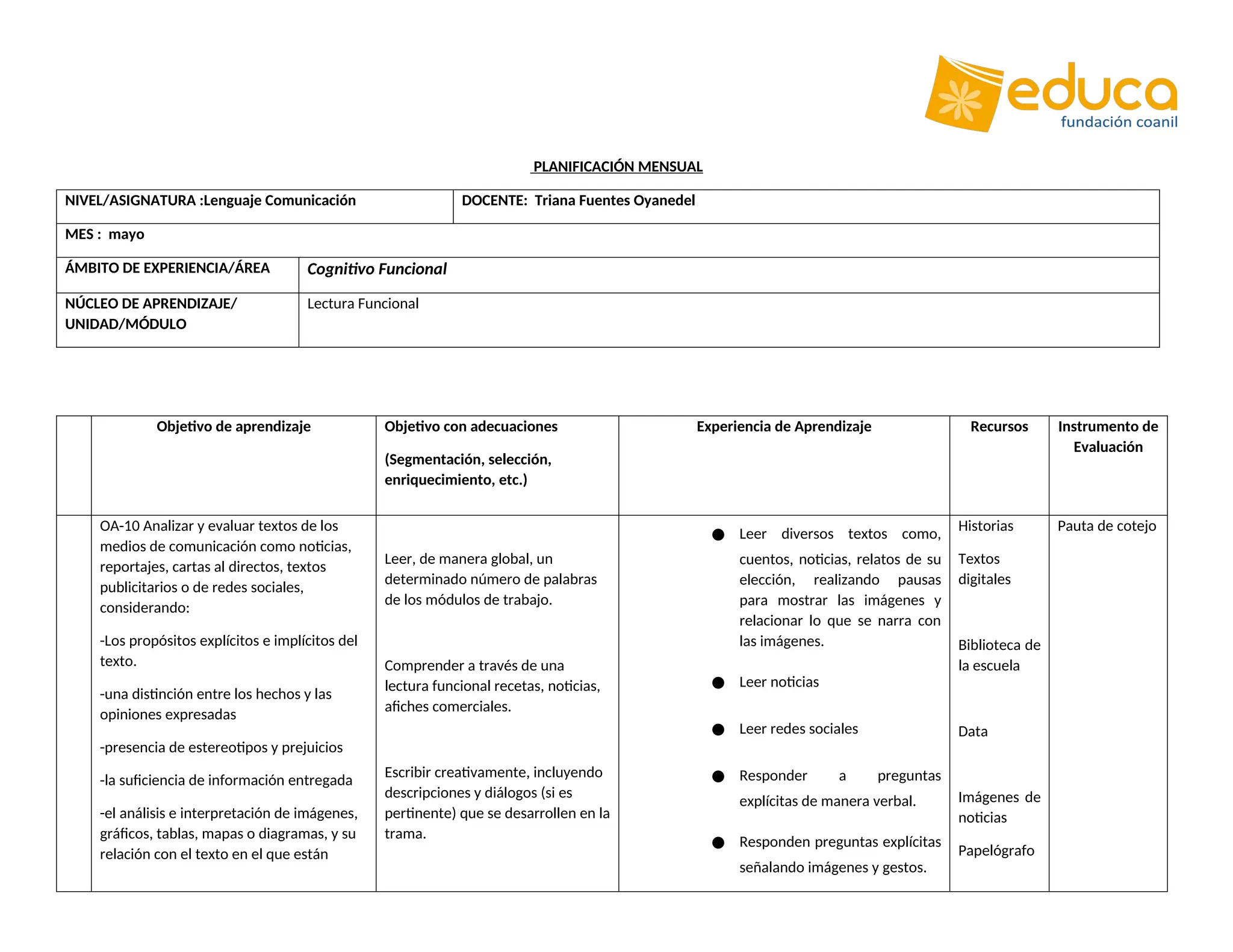 Plan. Mayo organizado en diferentes asignaturas | DOCX