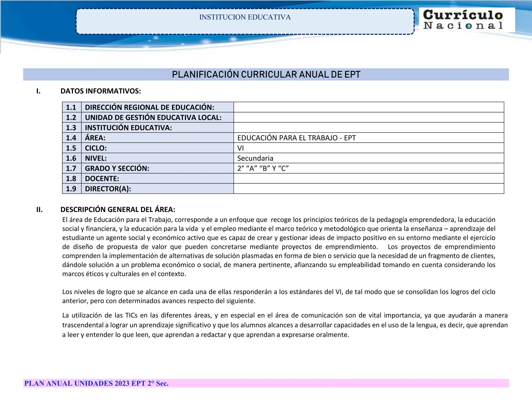 PLAN ANUAL EPT 2° SEC 2023.docx DEL AREA DE EPT | DOCX