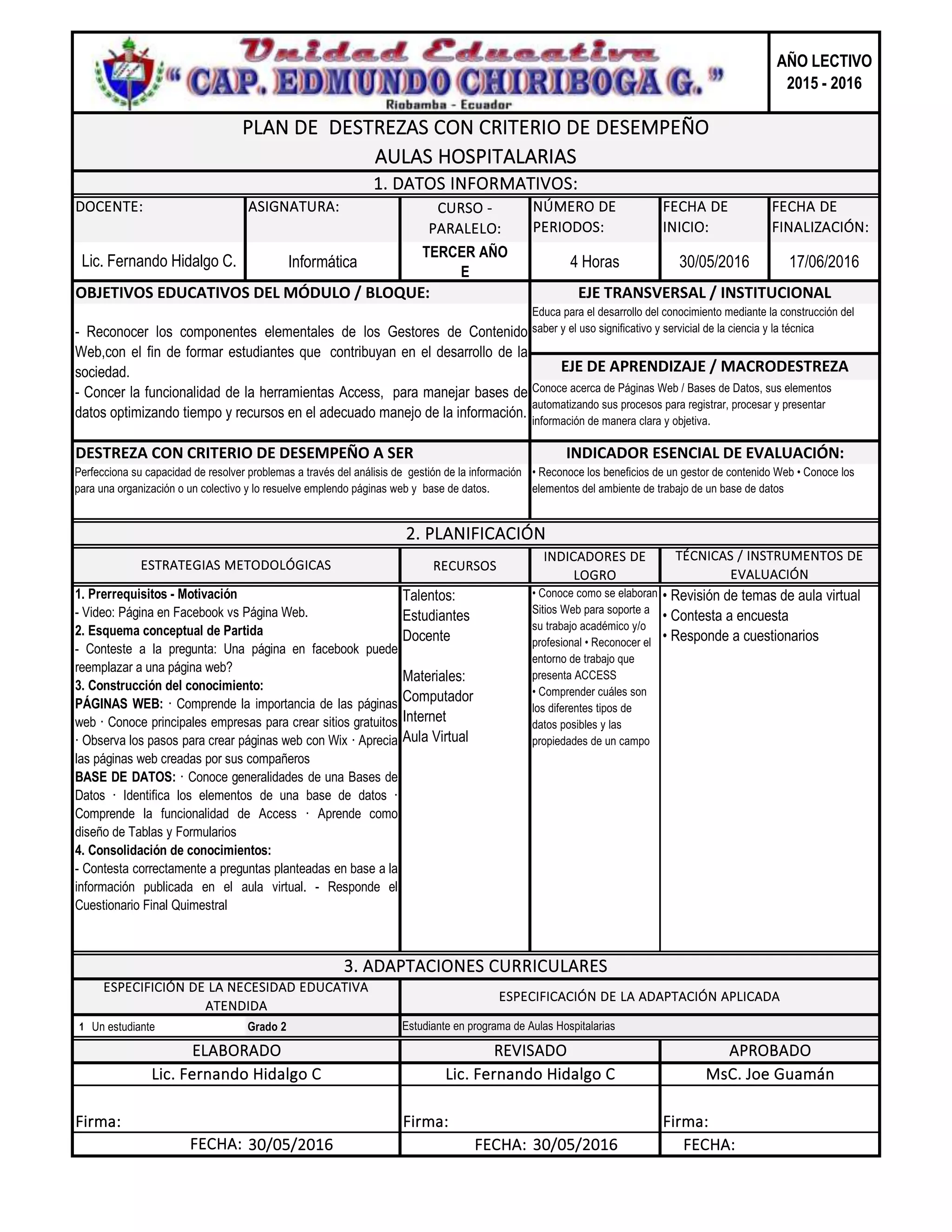 Plan aula hospitalaria | PDF