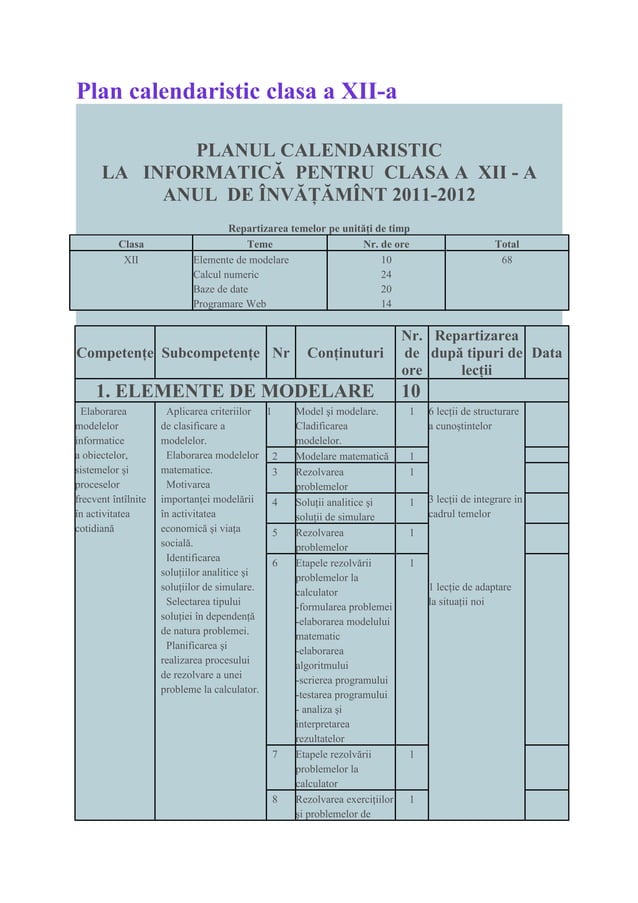 Plan calendaristic clasa a XII | PDF