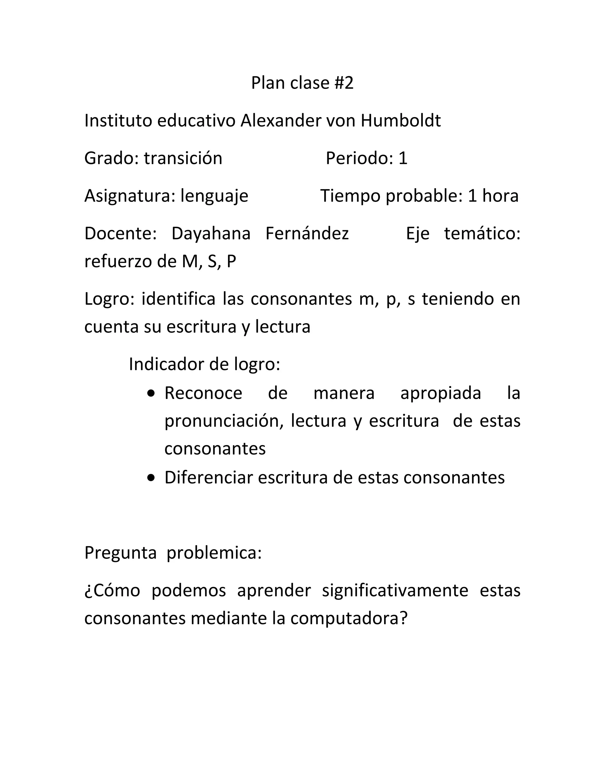 Plan clase numero 2 | DOCX