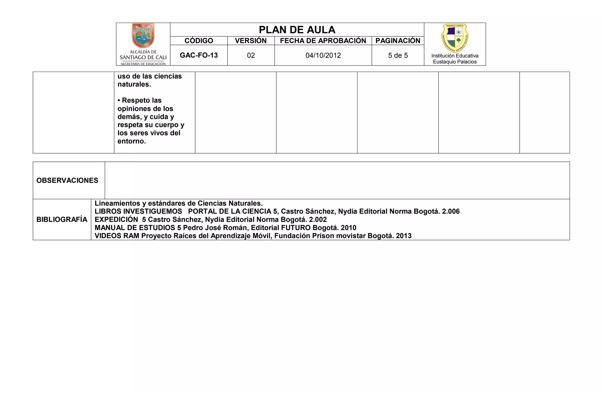 Plan de aula de ciencias naturales primer periodo grado 5° | PDF