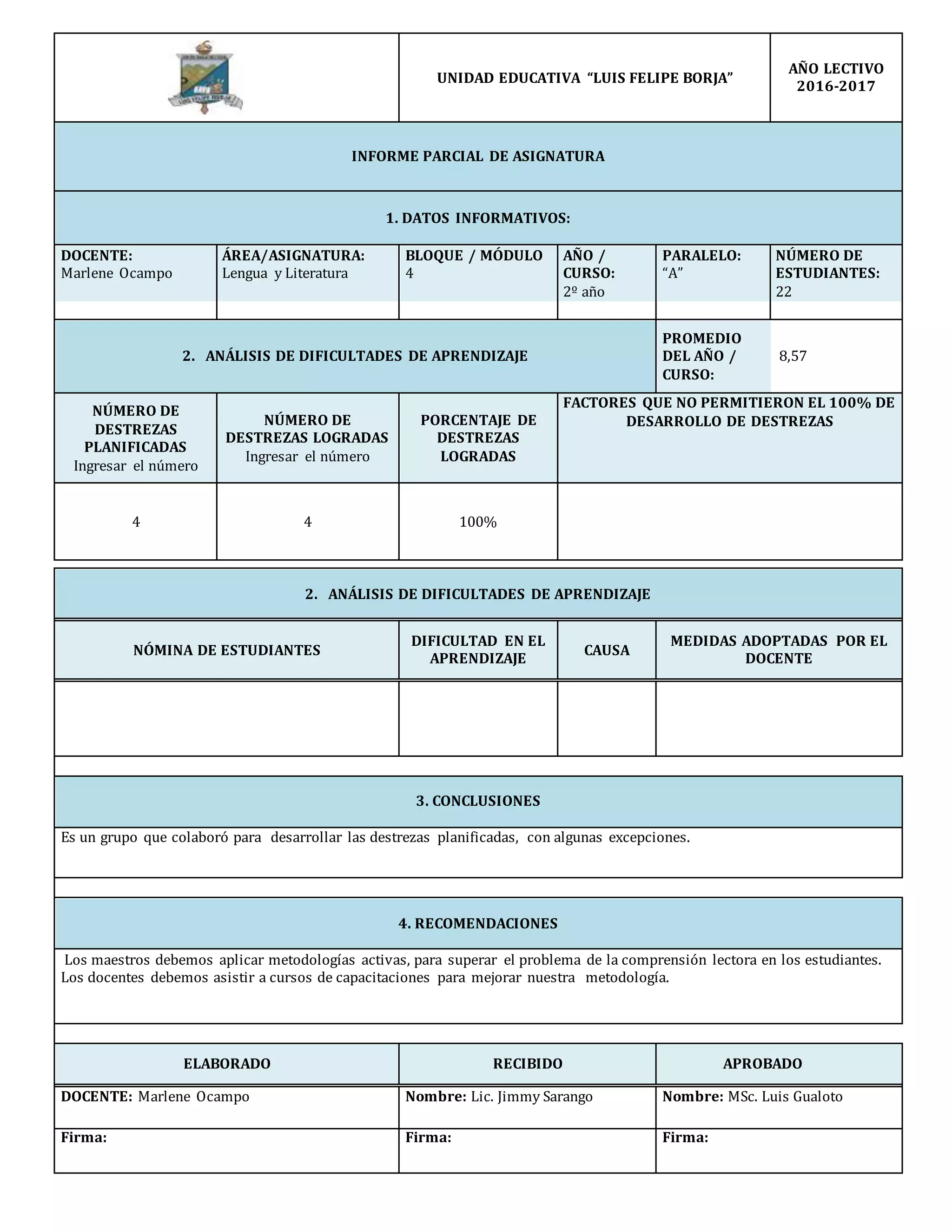 Plan de avance de destrezas marlene | DOCX