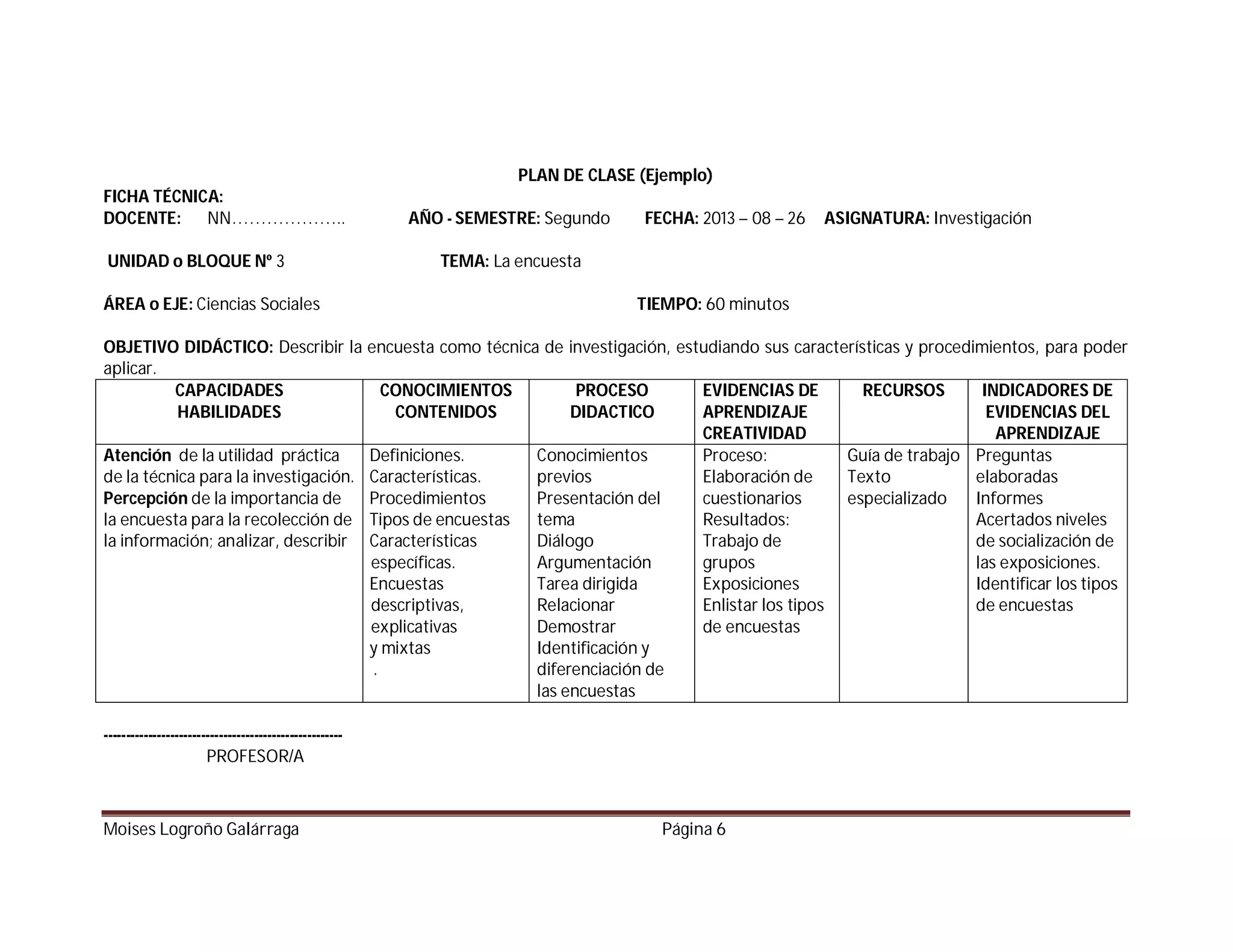 Plan de clase ejemplo | PDF