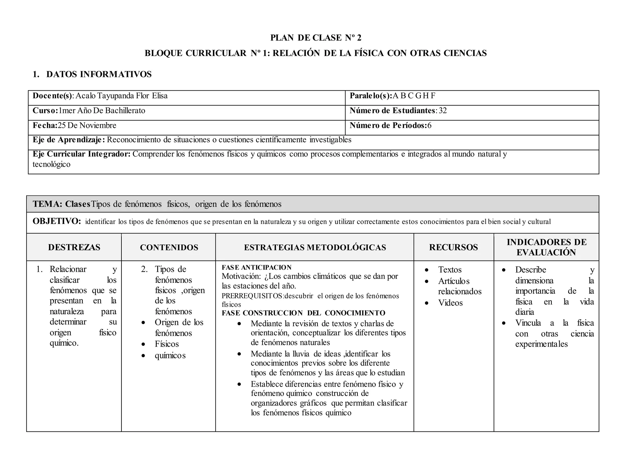 Plan de clase 1 2 | DOCX | Physics | Science
